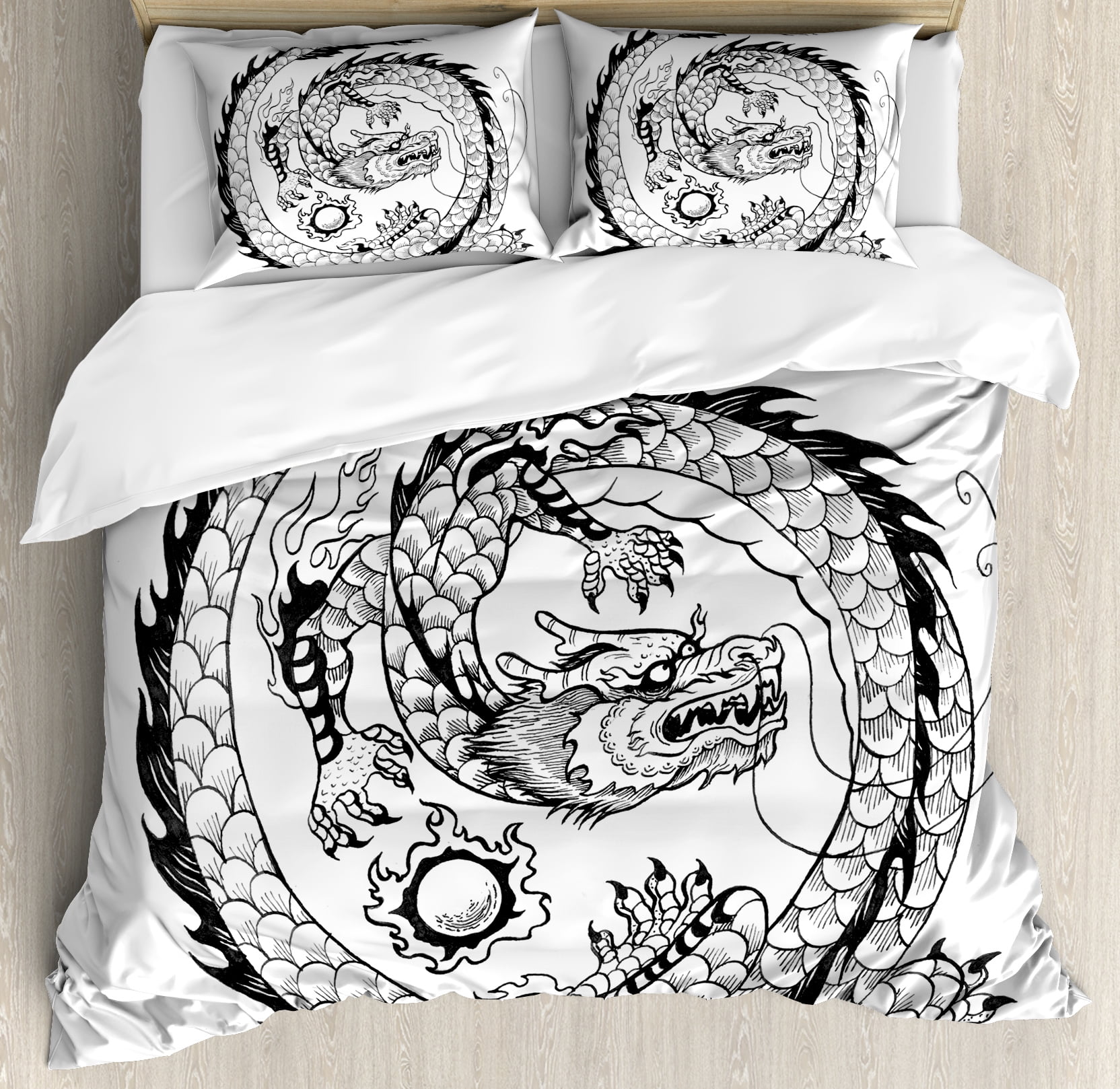 Dragon Duvet Cover Set, Ethnic Asian Japanese Swirled Dragon Pattern ...