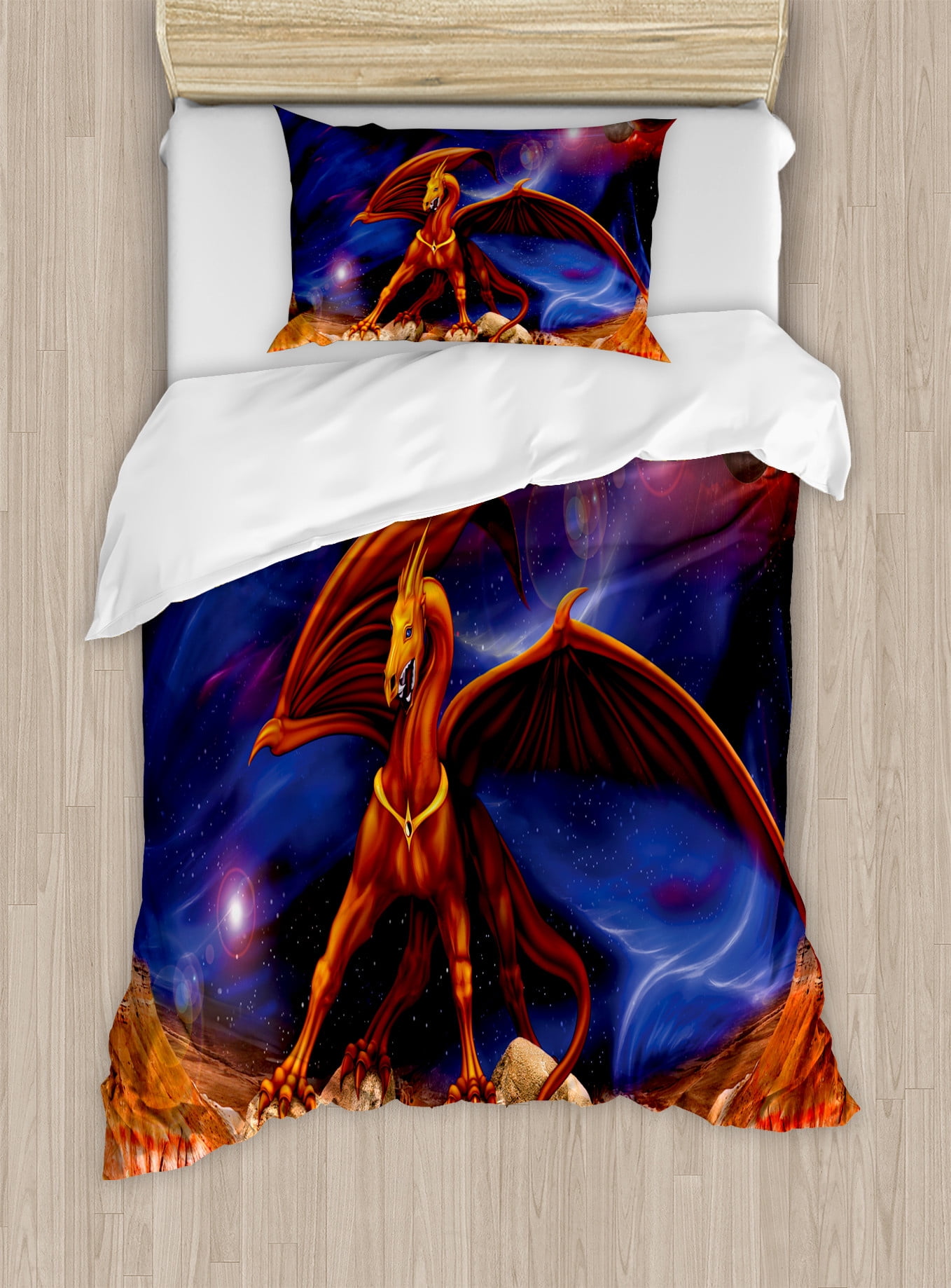 Dragon Duvet Cover Set, Fantasy Scene Animal Knight Against Cosmos ...