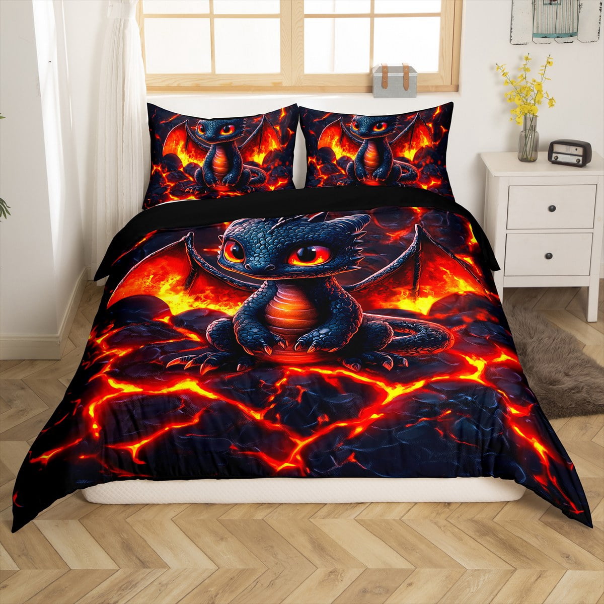 Dragon Duvet Cover Set Full Size,Volcano Eruption 3D Red Lava Flame ...