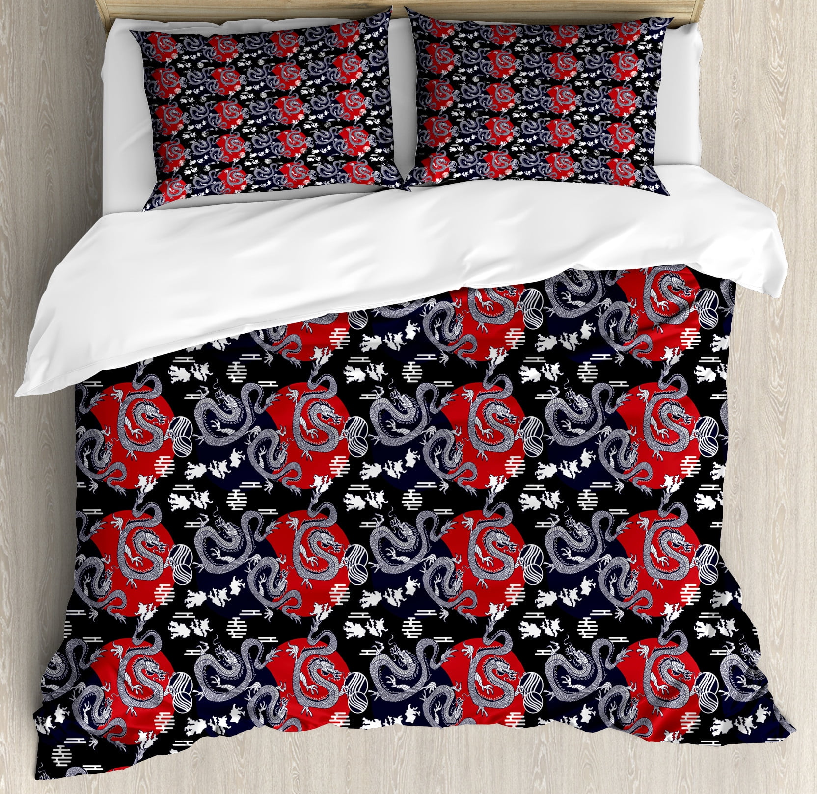 Dragon Duvet Cover Set, Japanese Art Pattern Inspired Graphic with ...