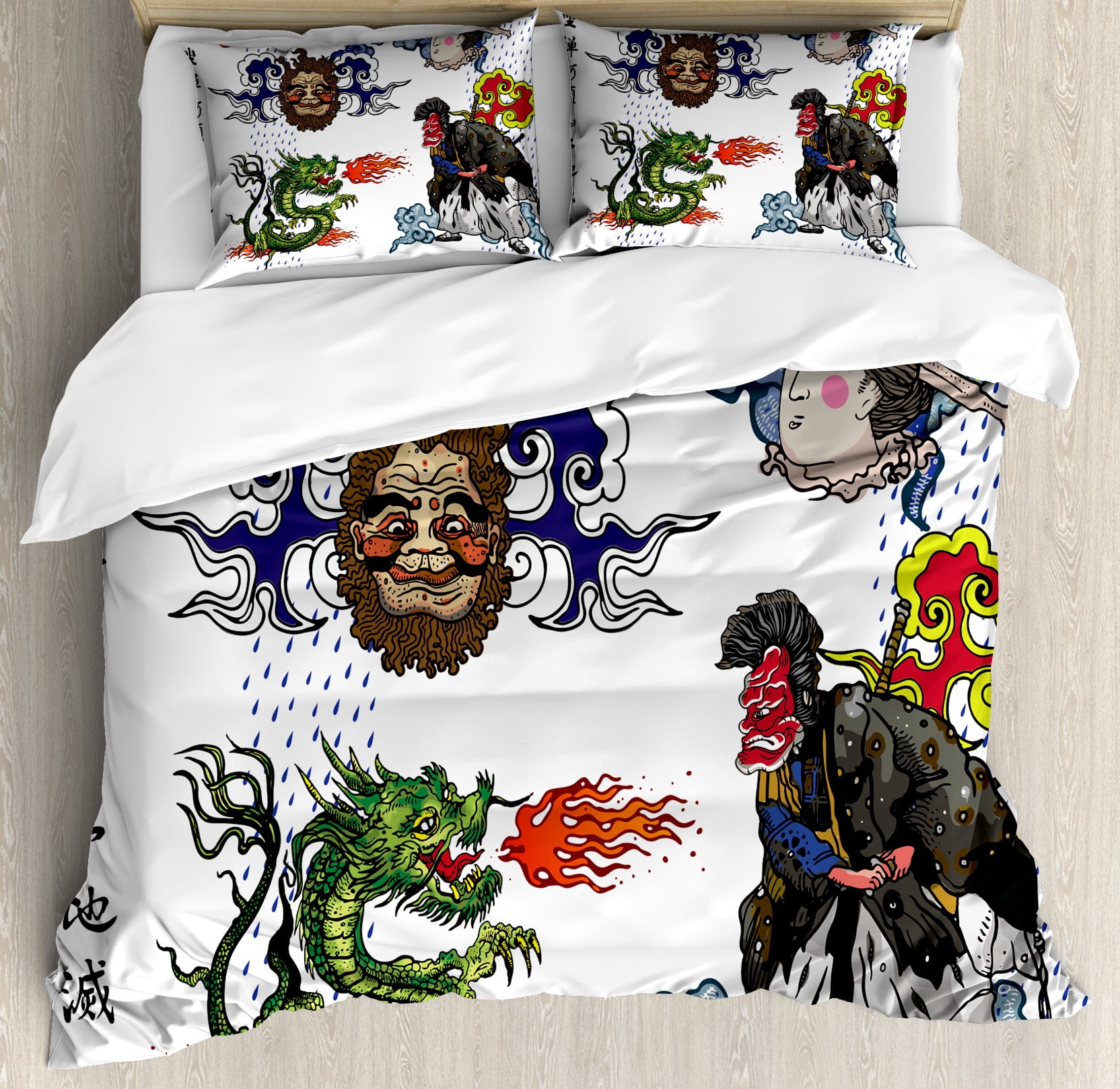 Dragon Duvet Cover Set, Japanese Manga Dragon with a Man with Kimono ...