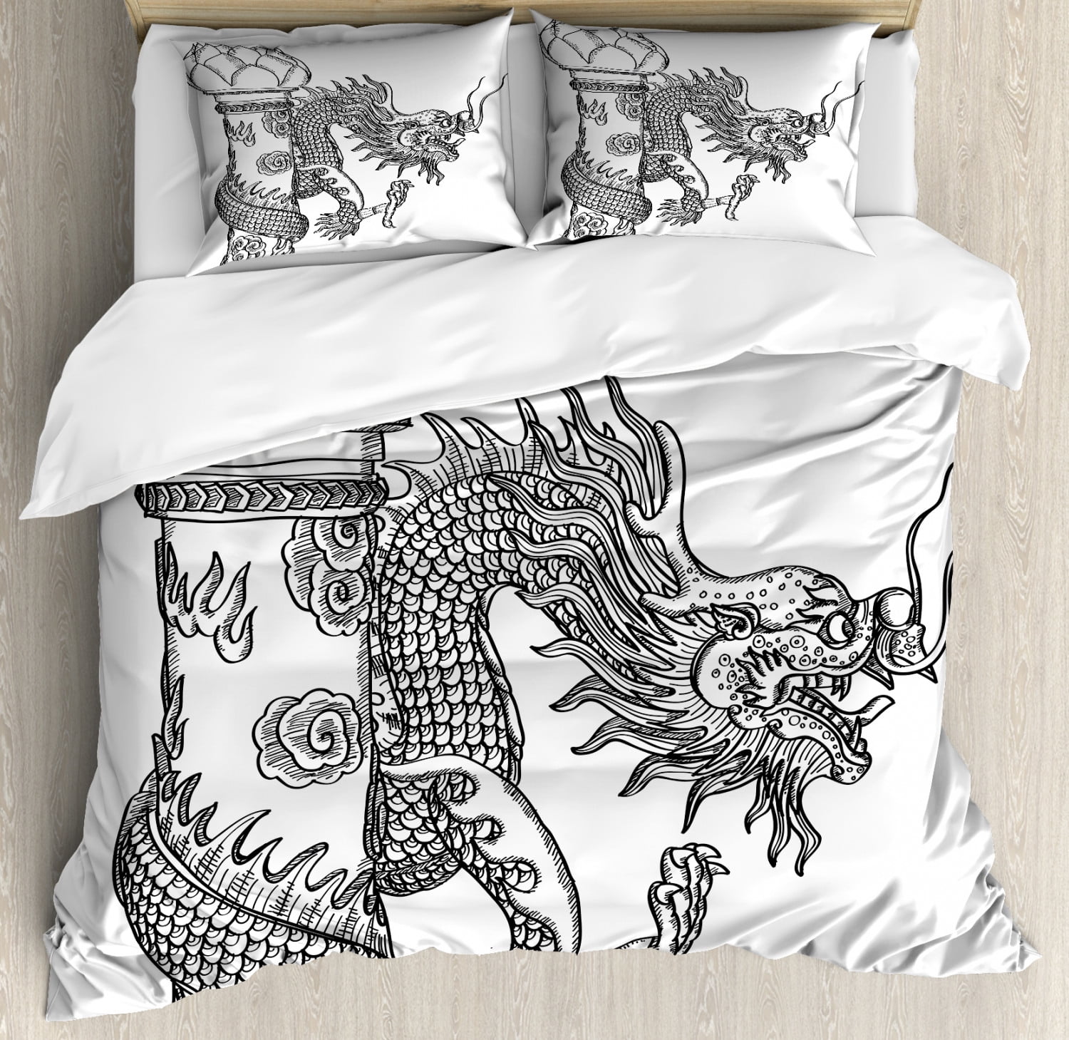Dragon Duvet Cover Set King Size, Chinese Style Sacred Creature Statue ...