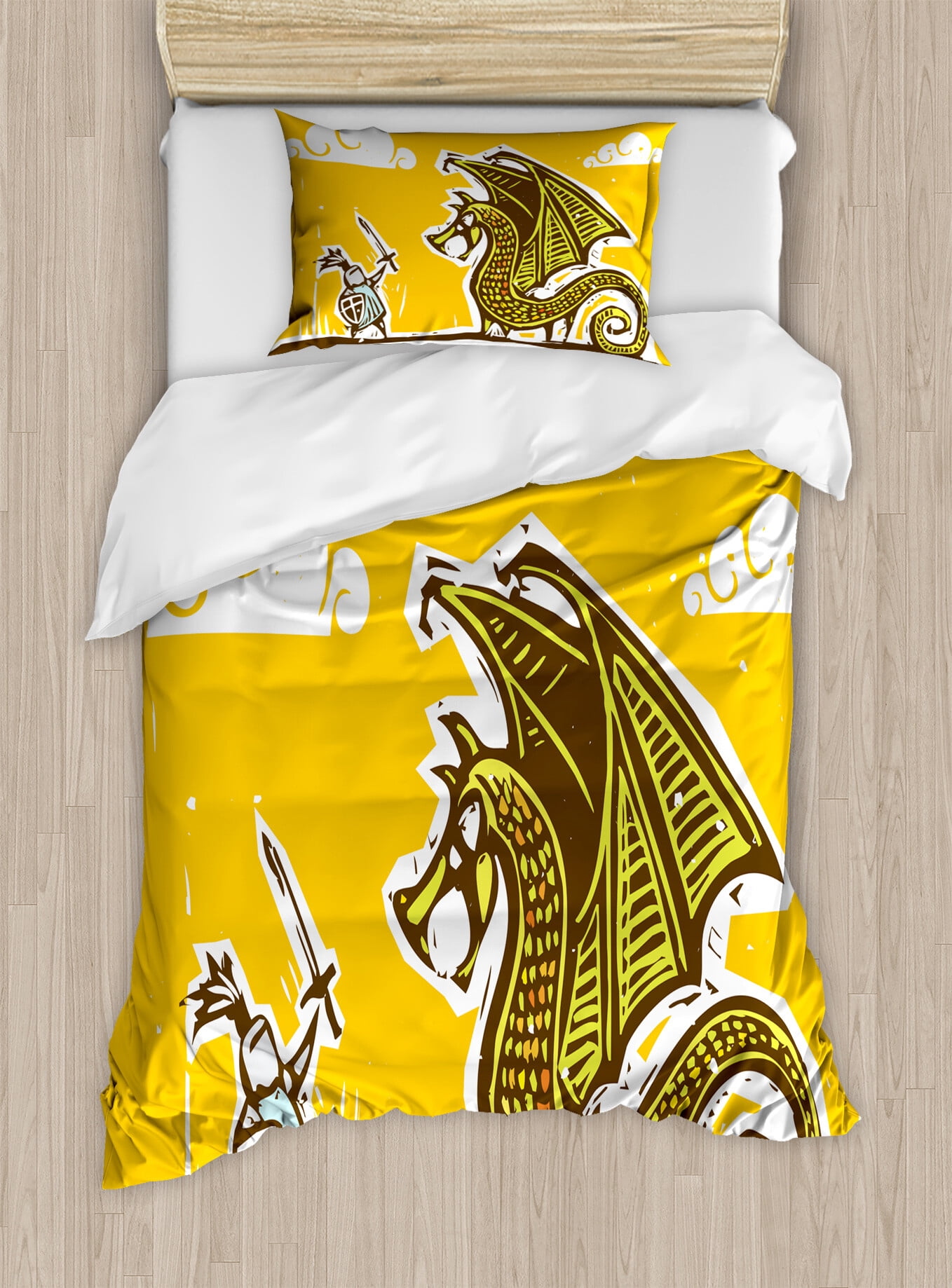 Dragon Duvet Cover Set, Knight Shield in Steel Armour Against Wings ...