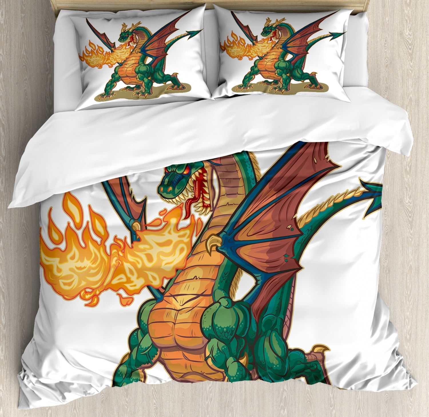 Dragon Duvet Cover Set Queen Size, Mythical Fire Spitting Monster ...