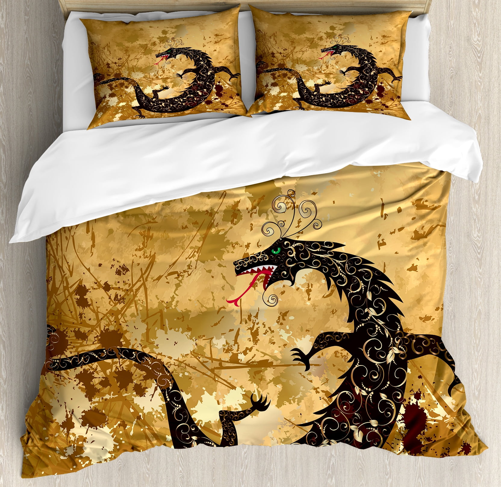 Dragon Duvet Cover Set, Reptile Dragon Grunge Floral Ornate Retro Image ...