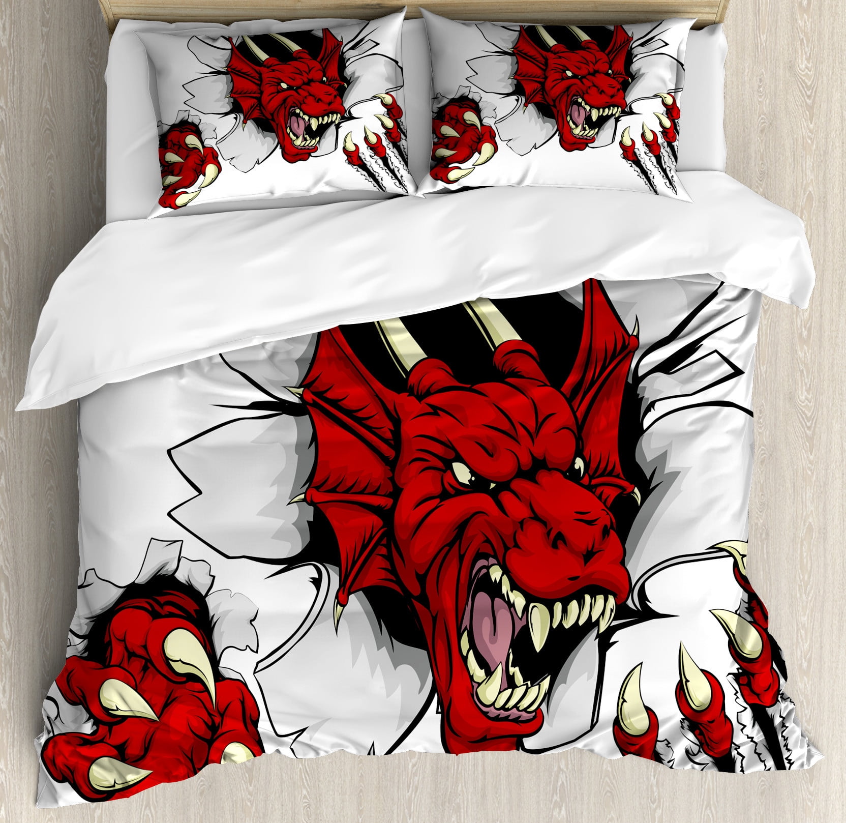 Dragon Duvet Cover Set, Retro Pop Art Comic Strips Wild Creature Danger ...