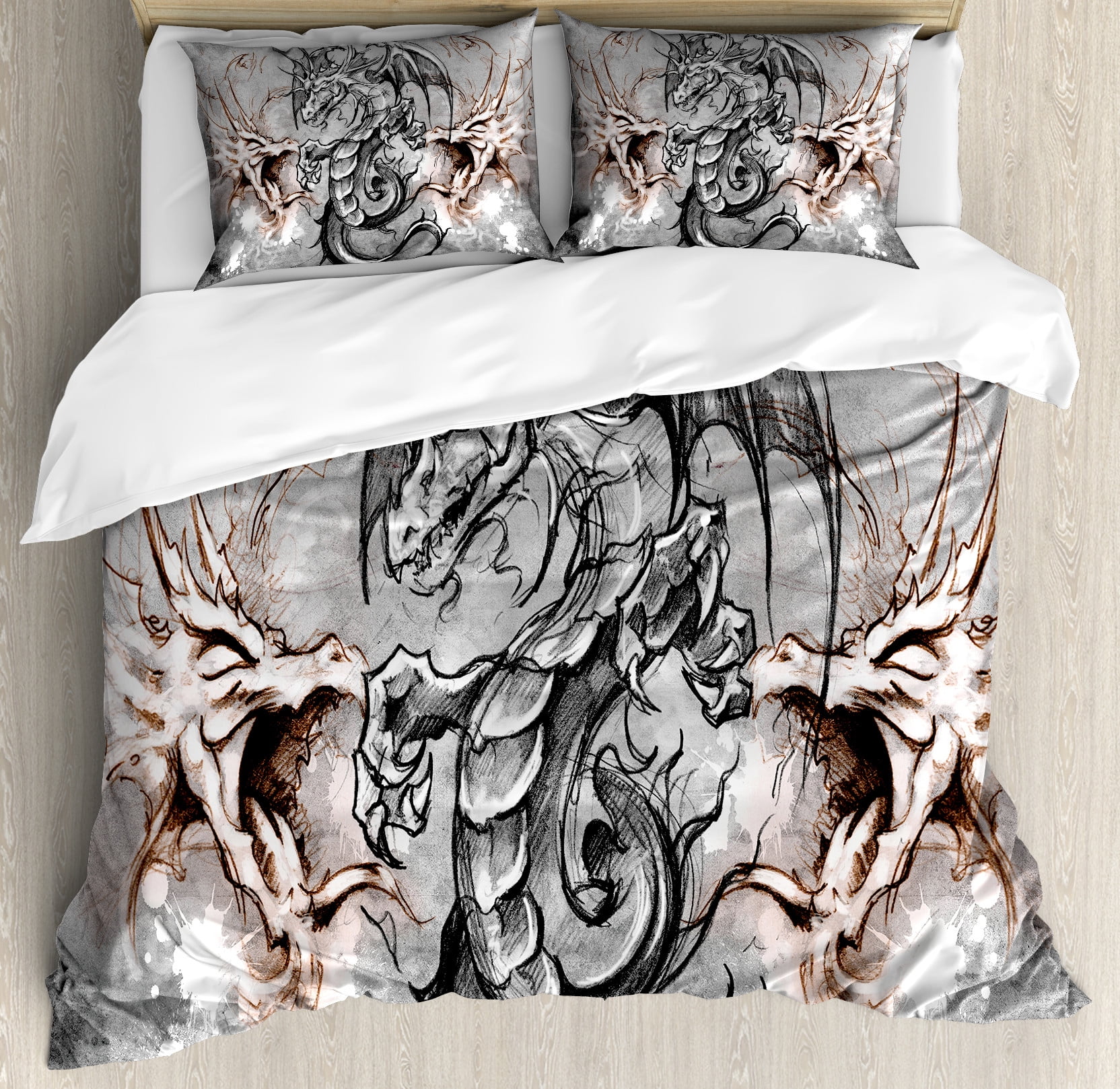 Dragon Duvet Cover Set, Scary Creature in Sketch Horror Scene Monster ...