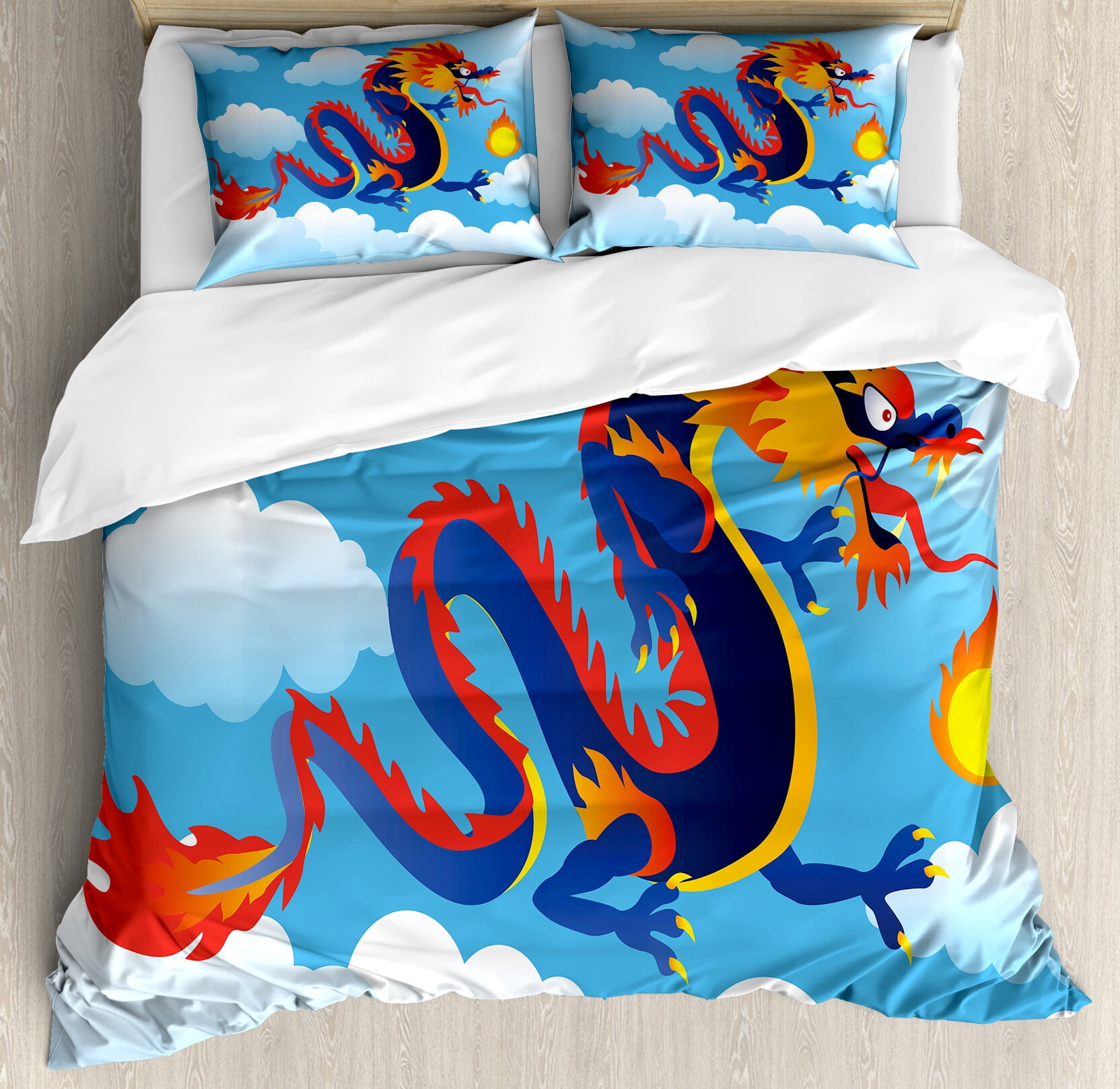 Dragon Duvet Cover Set, Surreal Folk Tale Creature Spitting on Clouds ...