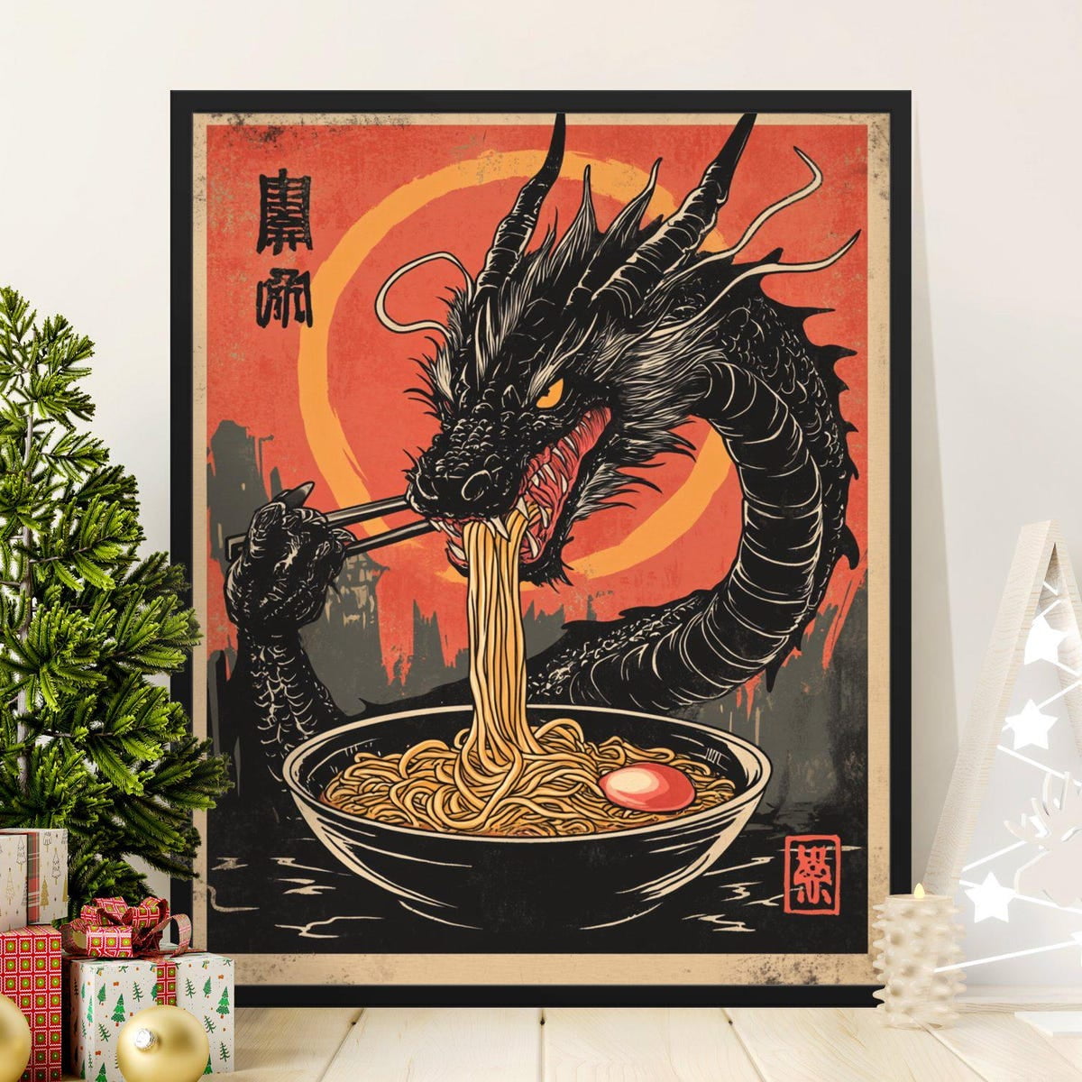 Dragon Eating Ramen Poster, Japanese Noodle Art Print, Cool Dragon Wall ...