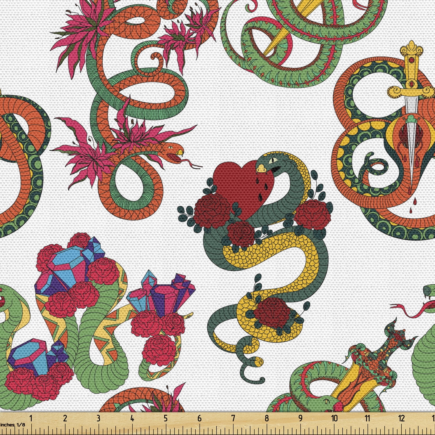 Ambesonne Dragon Fabric by the Yard Upholstery, Flowers and Snakes ...