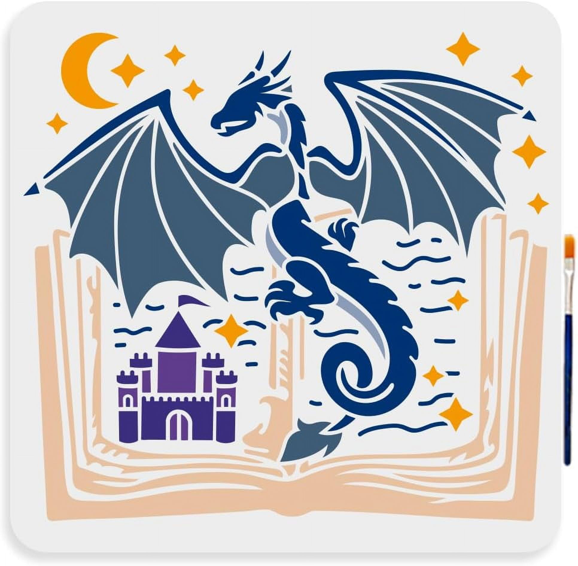 Dragon Fairy Book Stencil 11.8×11.8inch Large Castle Medieval Dragon ...