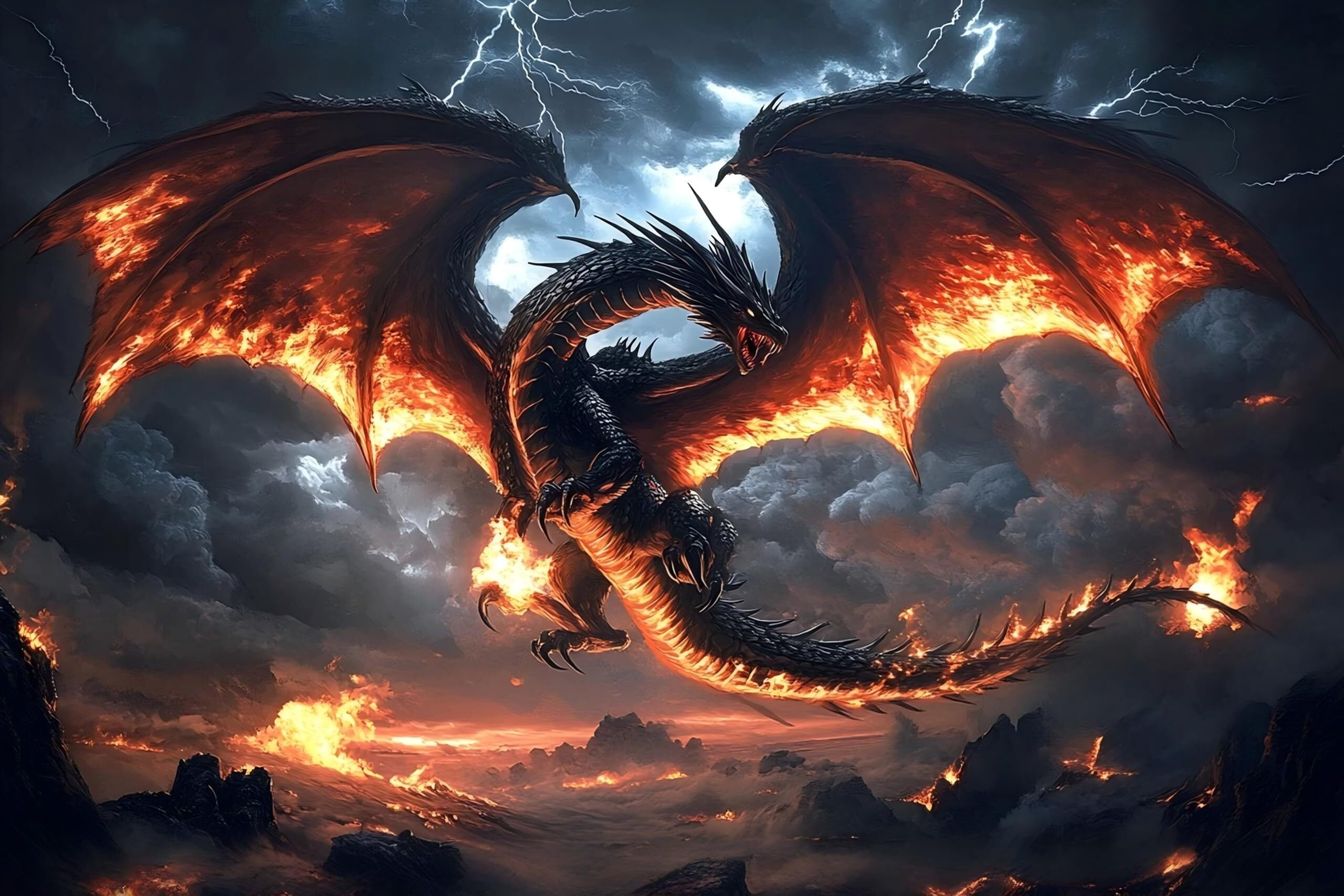 Dragon Fantasy Wall Art, Lightning Storm Canvas Print, Epic Fire Dragon ...