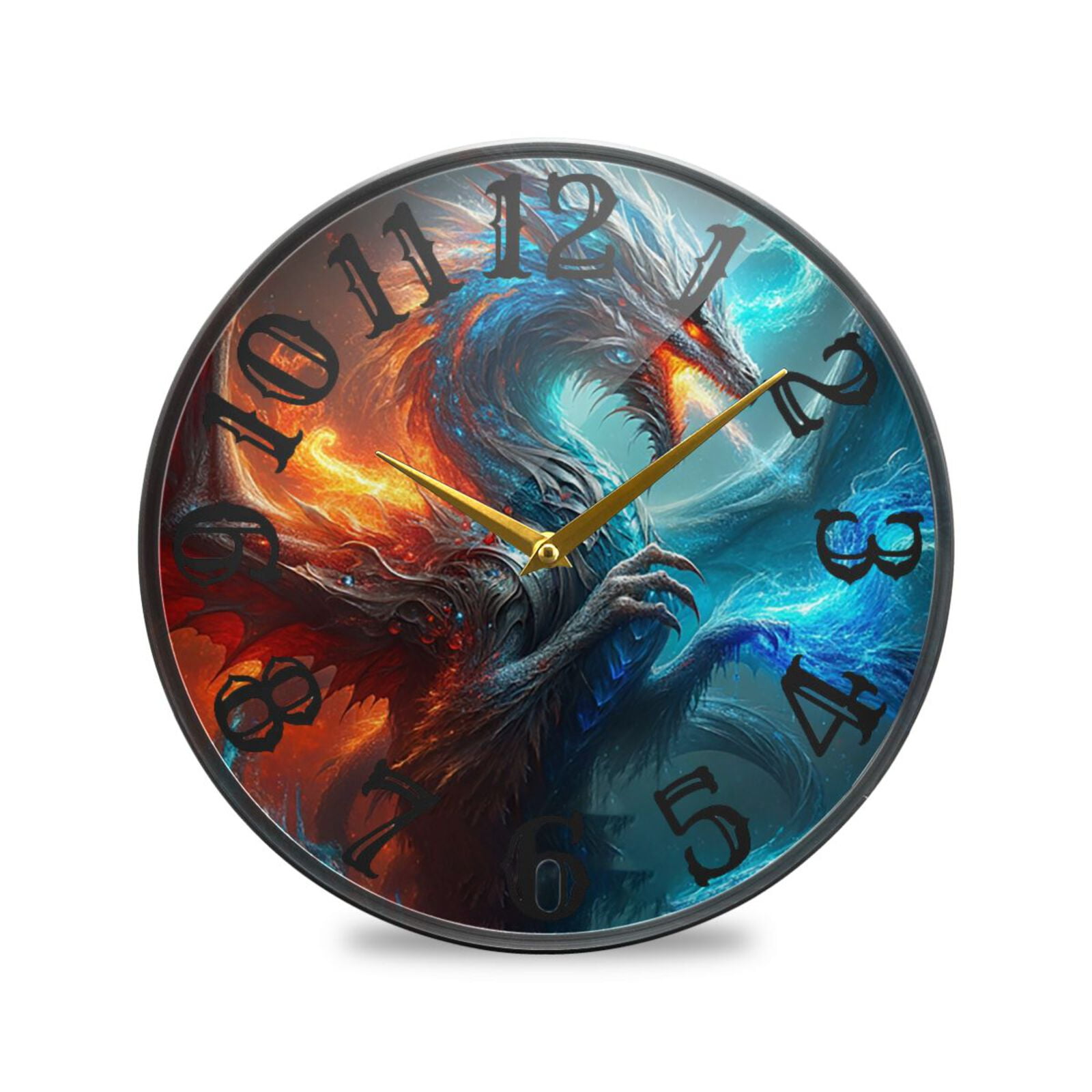 Dragon Fire and Water Wall Clock 12 Inch Silent Non Ticking Battery ...