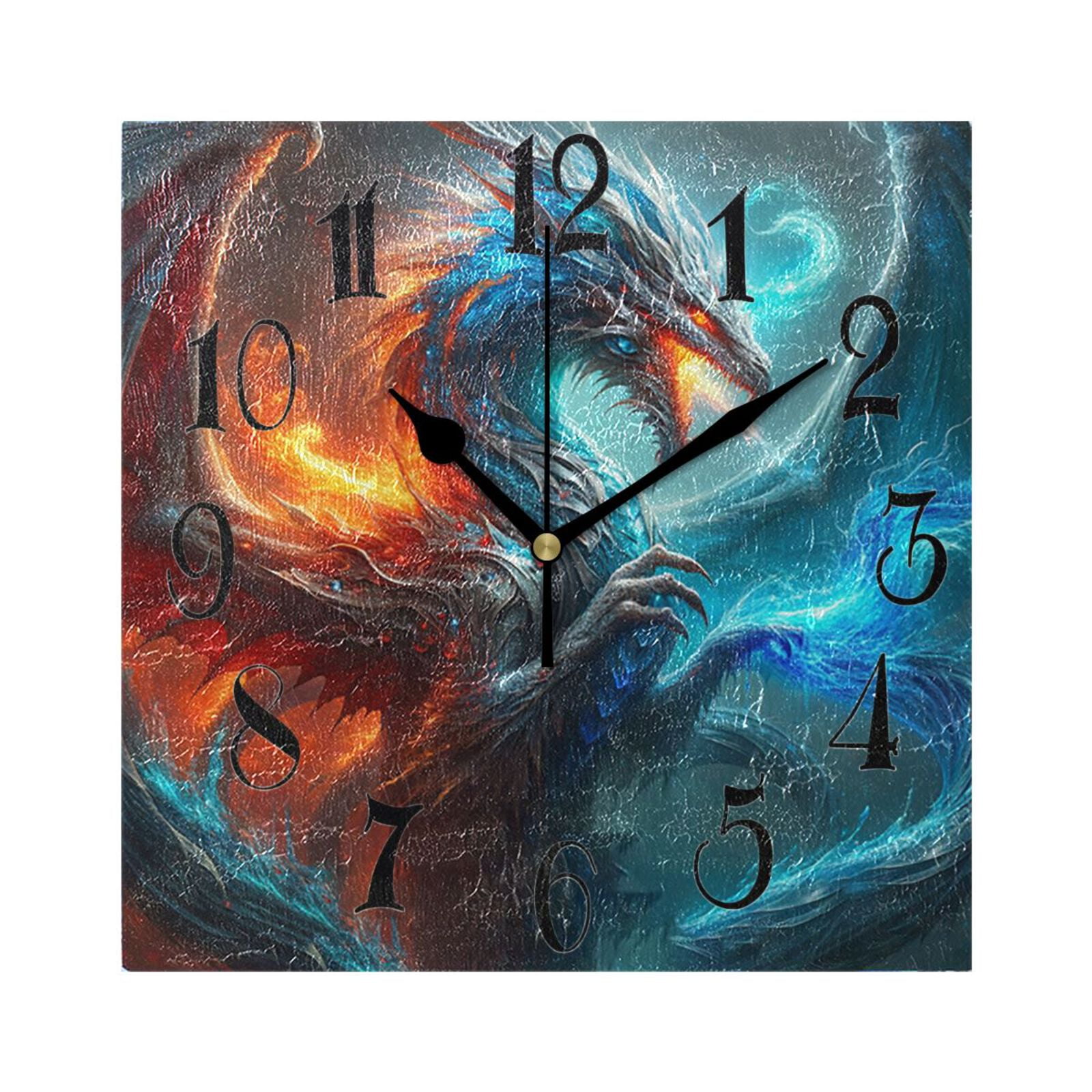 Dragon Fire and Water Wall Clock Decorative Square Silent Non-Ticking ...