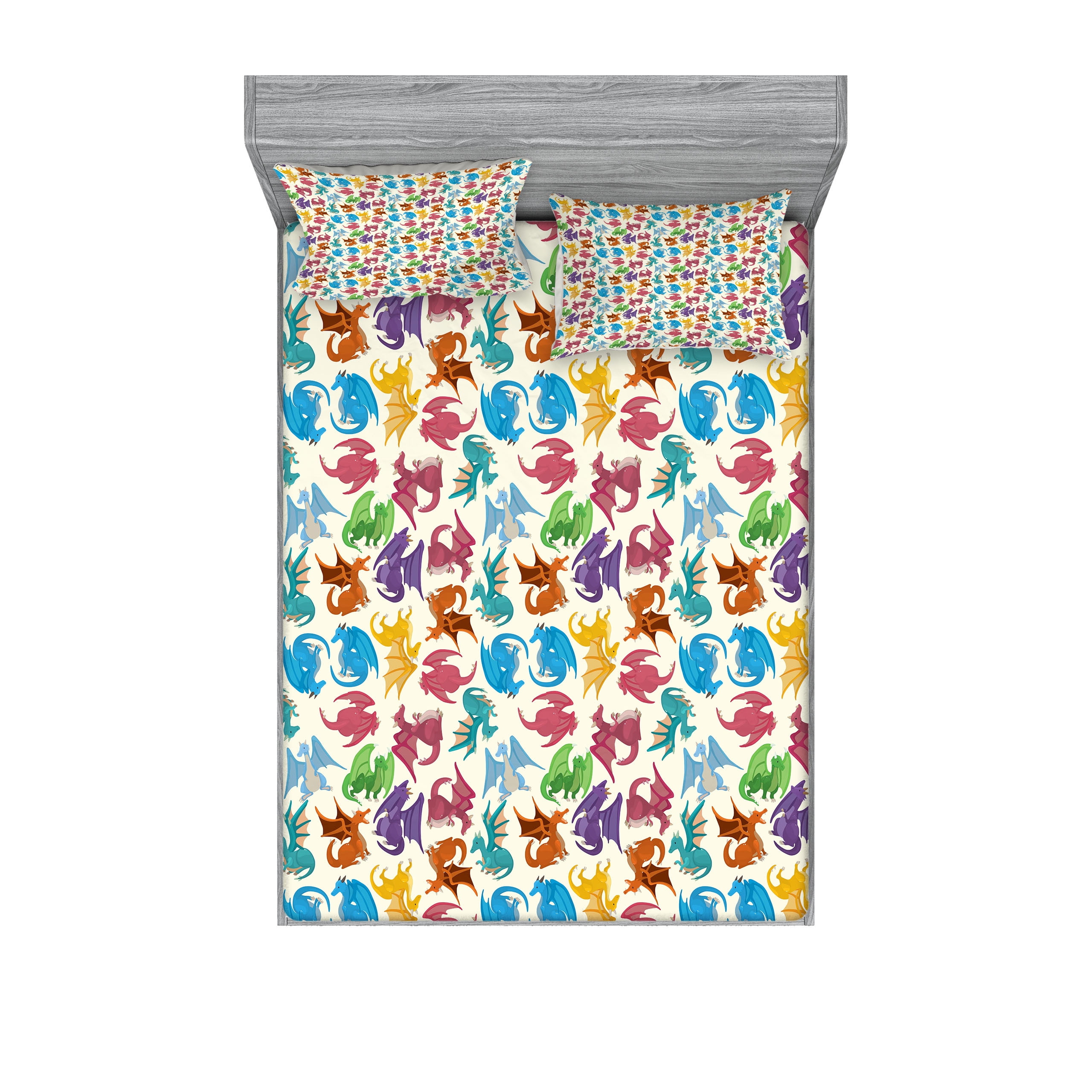 Dragon Fitted Sheet & Pillow Sham Set, Cartoon Style Design for Animal ...