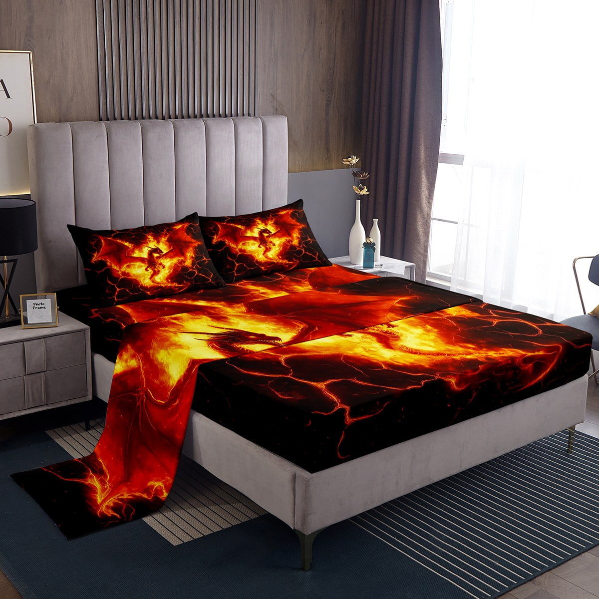 Dragon Flame Bed Sheet Queen Set,Mystic Western Animal Dragon Wings Sheets Sets Bedroom Decor ...