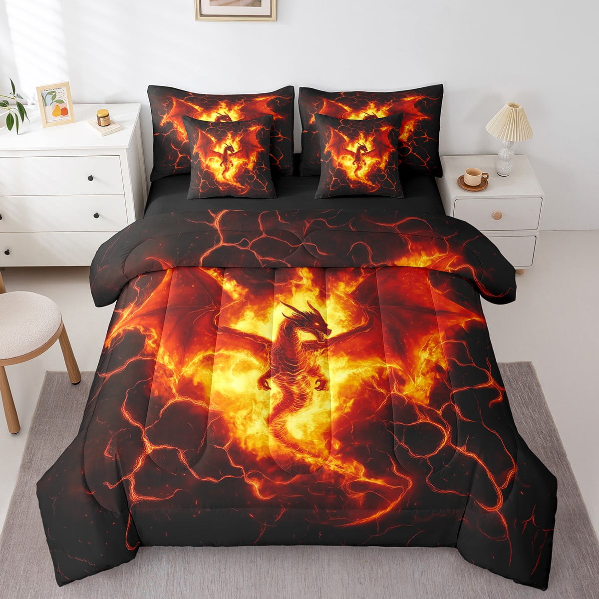 Dragon Flame Comforter Set Full,Mystic Western Animal Dragon Wings ...