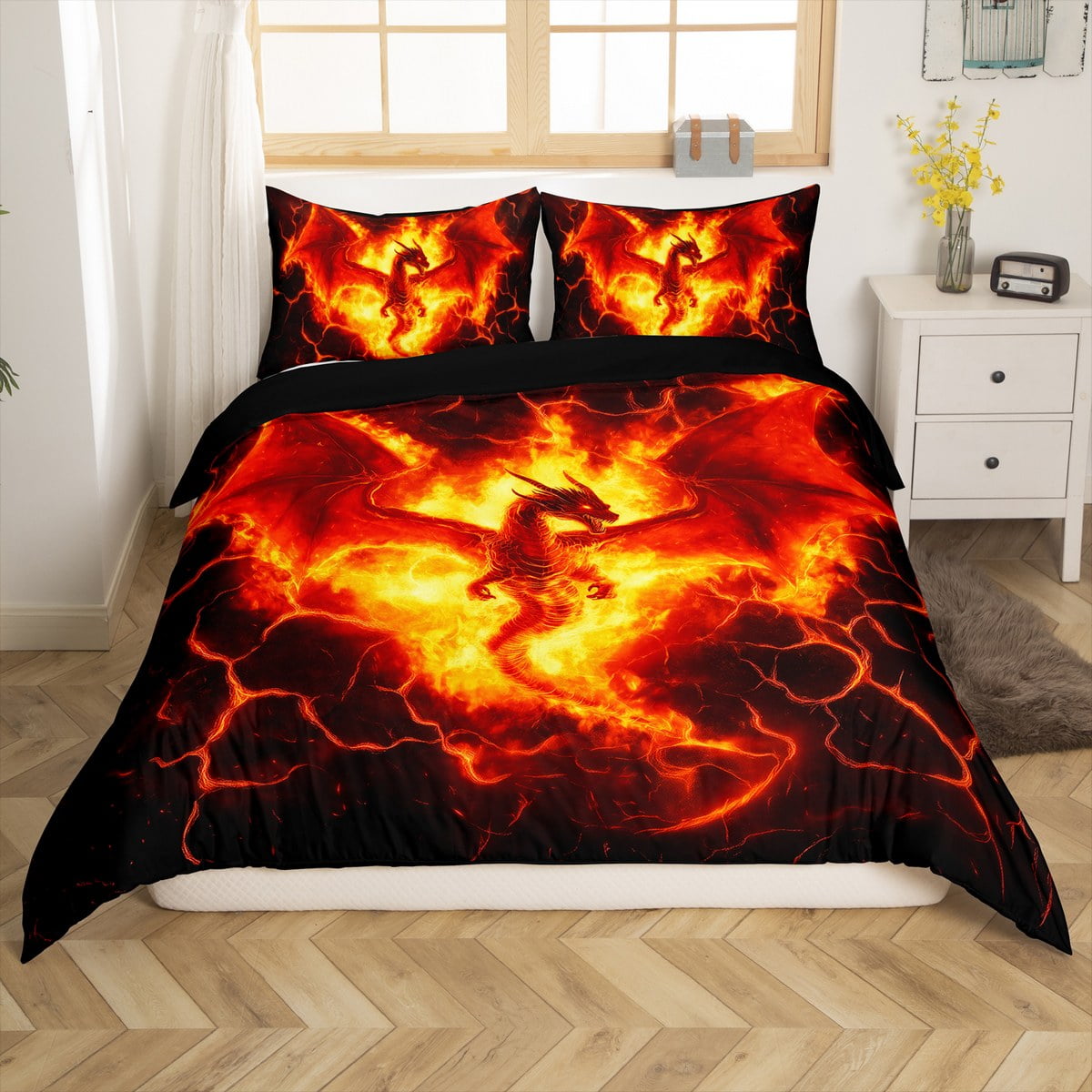 Dragon Flame Duvet Cover,Mystic Western Animal Dragon Wings Quilt Cover ...