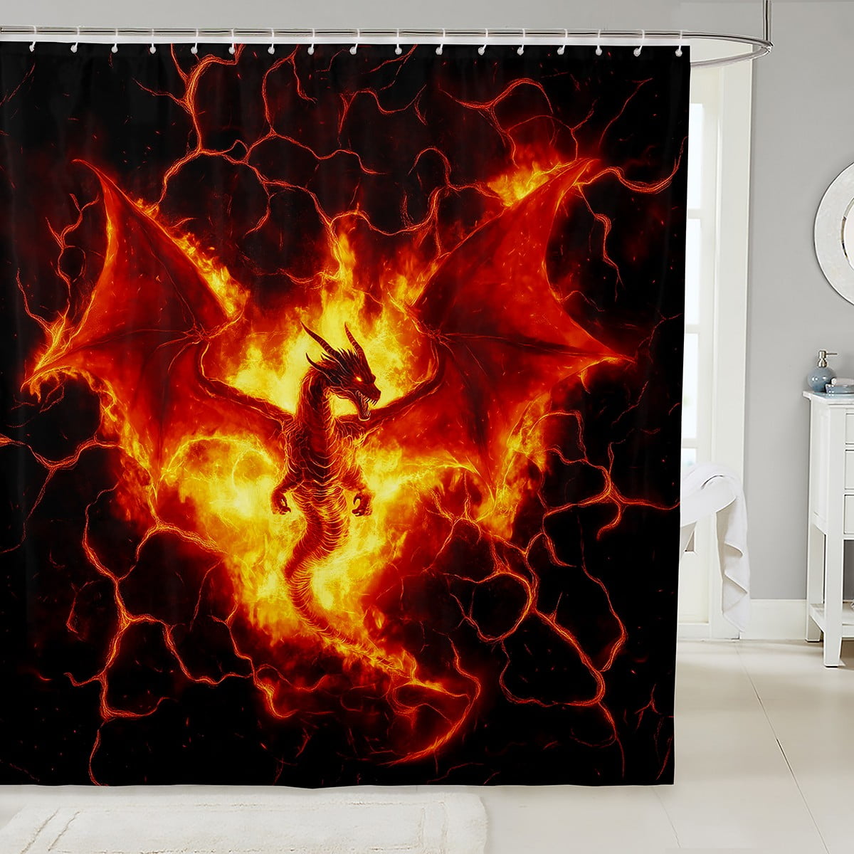 Dragon Flame Shower Curtains,Mystic Western Animal Dragon Wings Bath ...