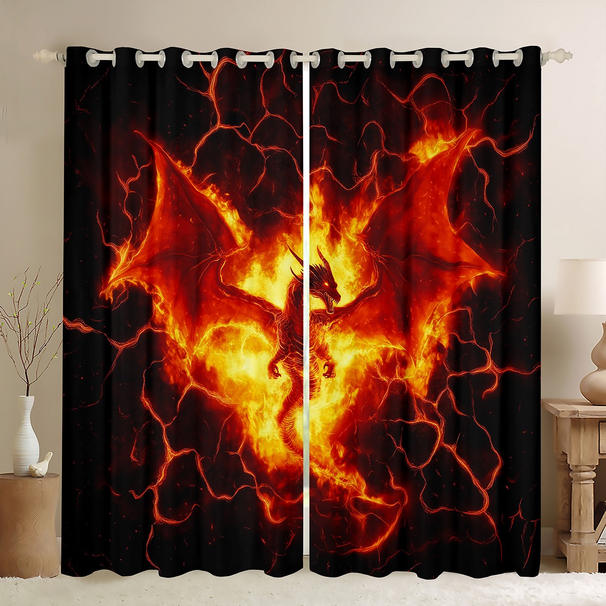 Dragon Flame Windows Drapes Blackout 30%-50%,Mystic Western Animal ...