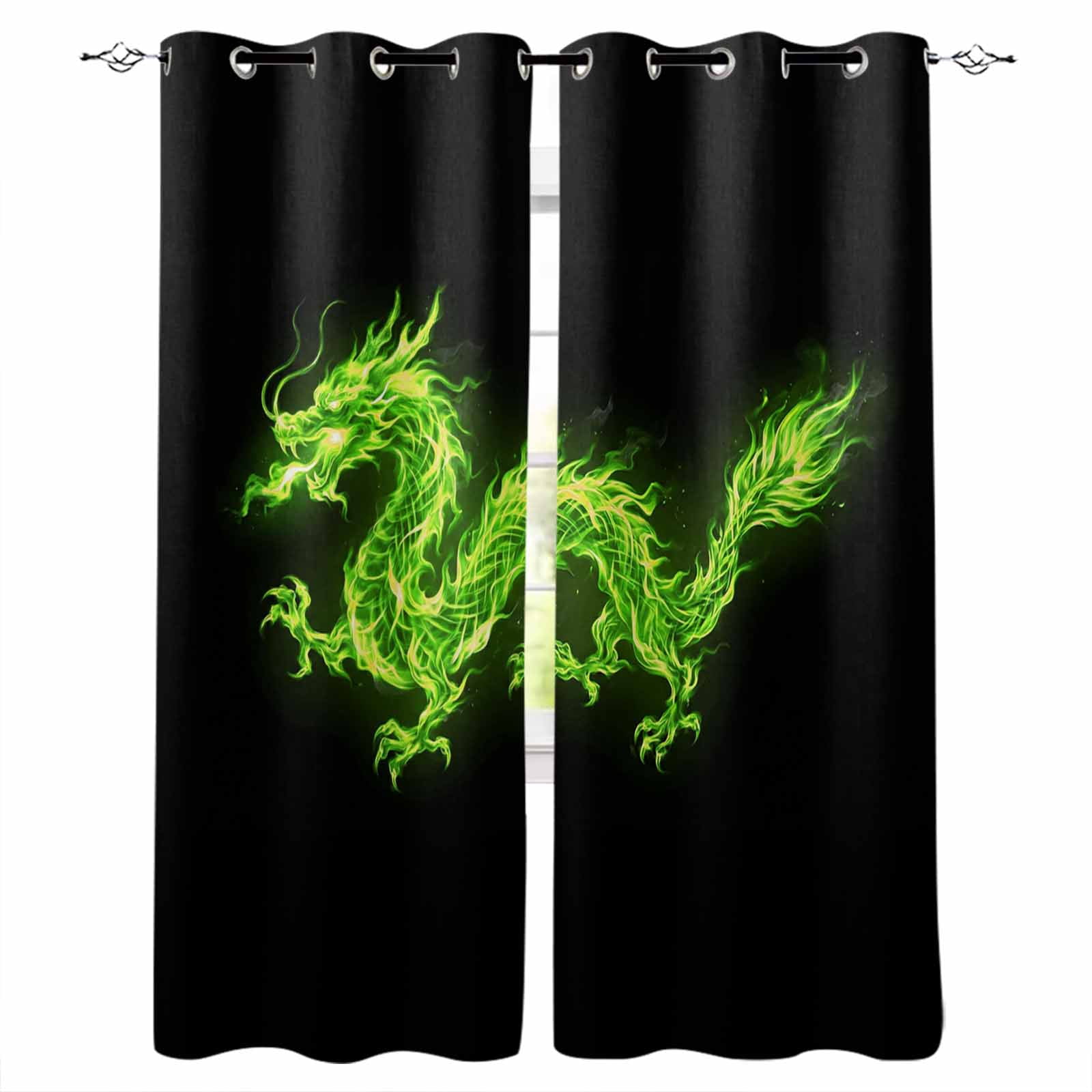 Dragon Flames Blackout Curtains 45 Inches Long, Green Dragons Abstract ...