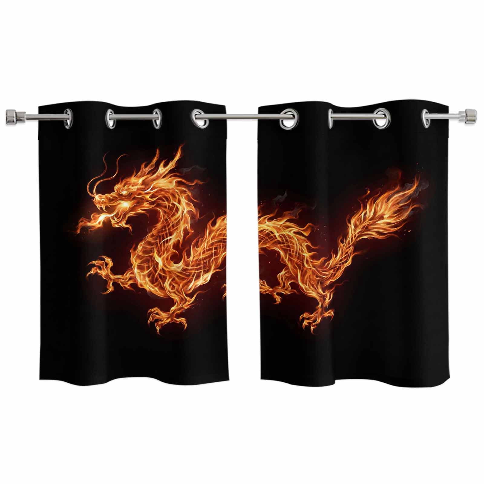 Dragon Flames Kitchen Curtains Window Panels, Orange Dragons Abstract ...