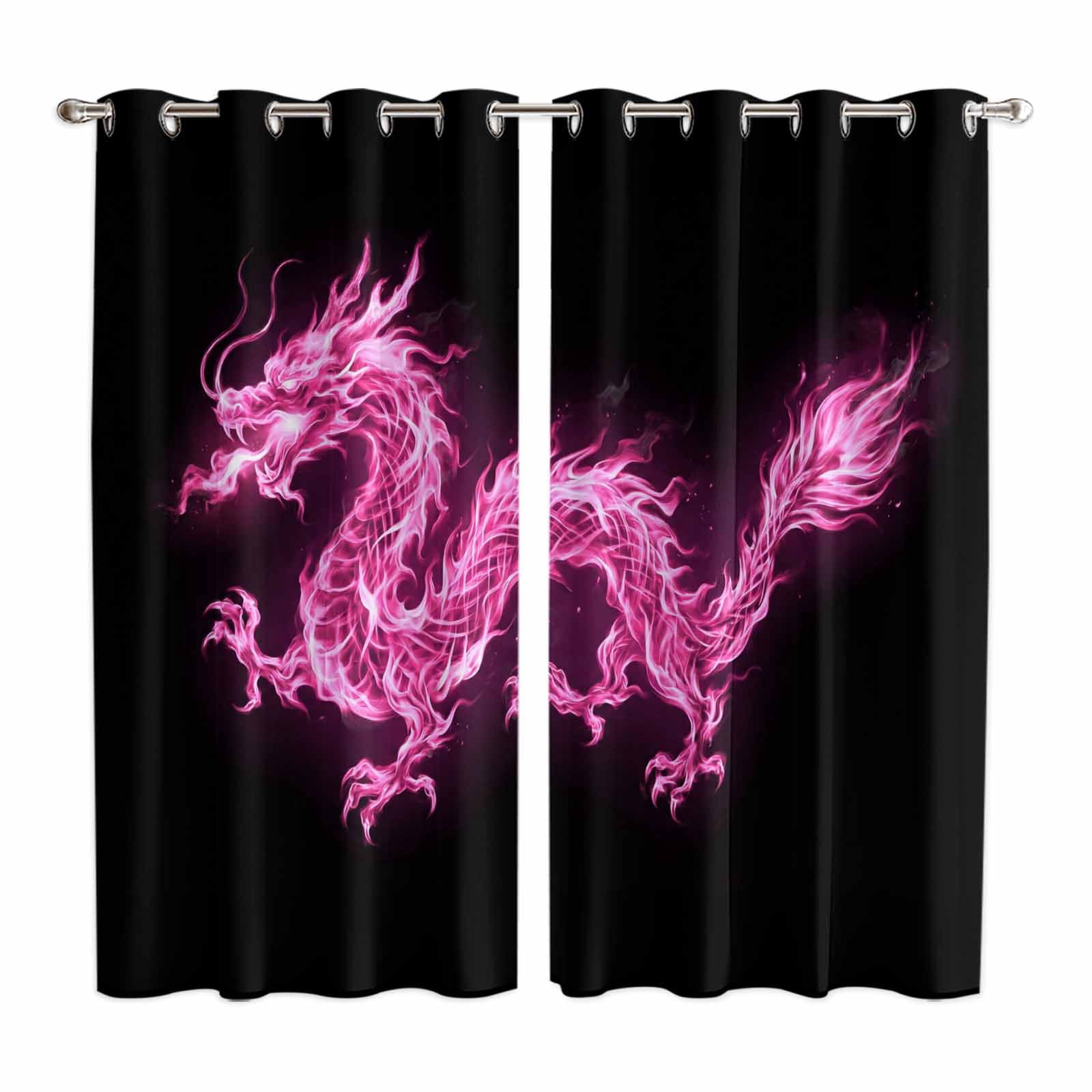 Dragon Flames Kitchen Curtains Window Panels, Purple Dragons Abstract ...