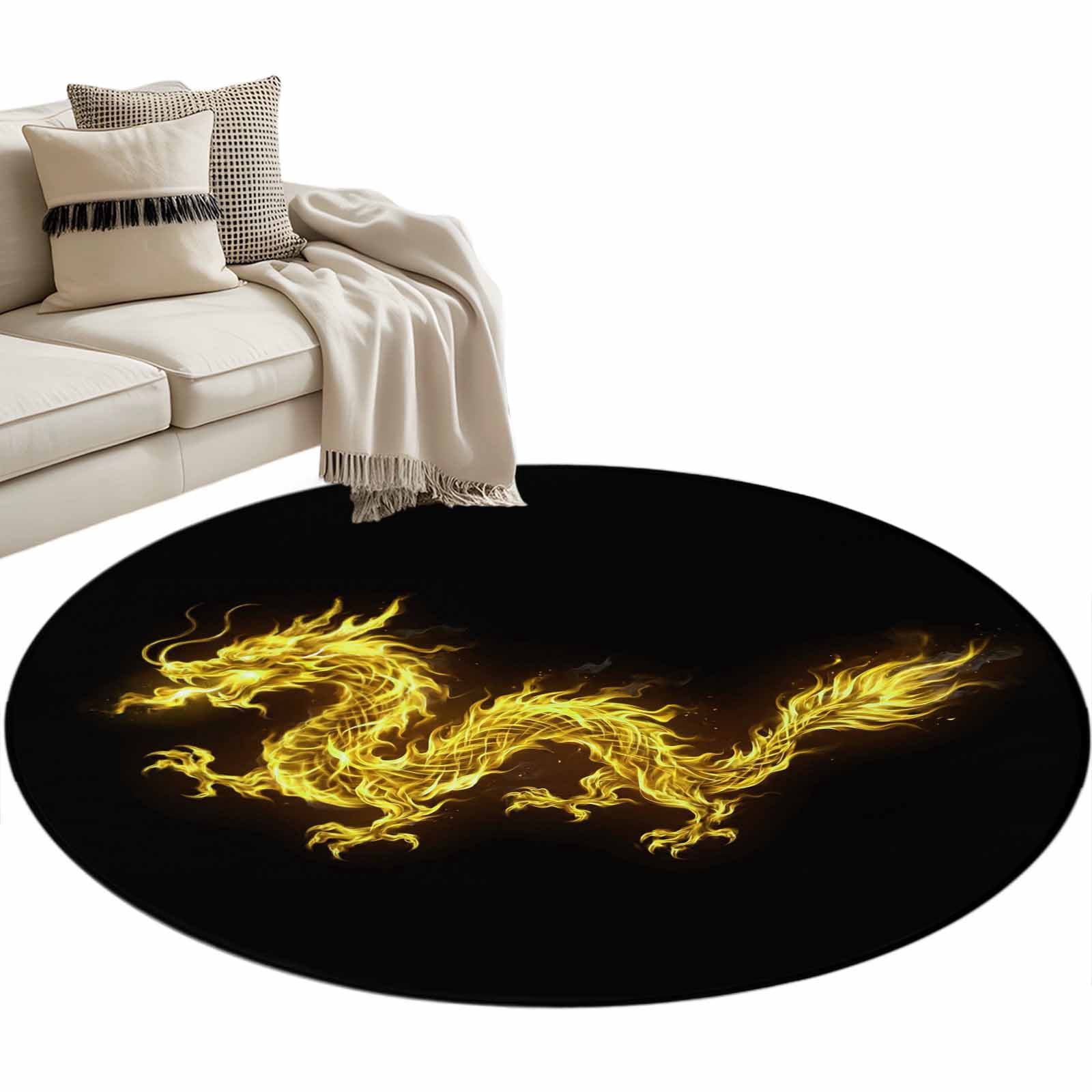 Dragon Flames Round Area Rugs Collection 3.3', Yellow Dragons Abstract ...