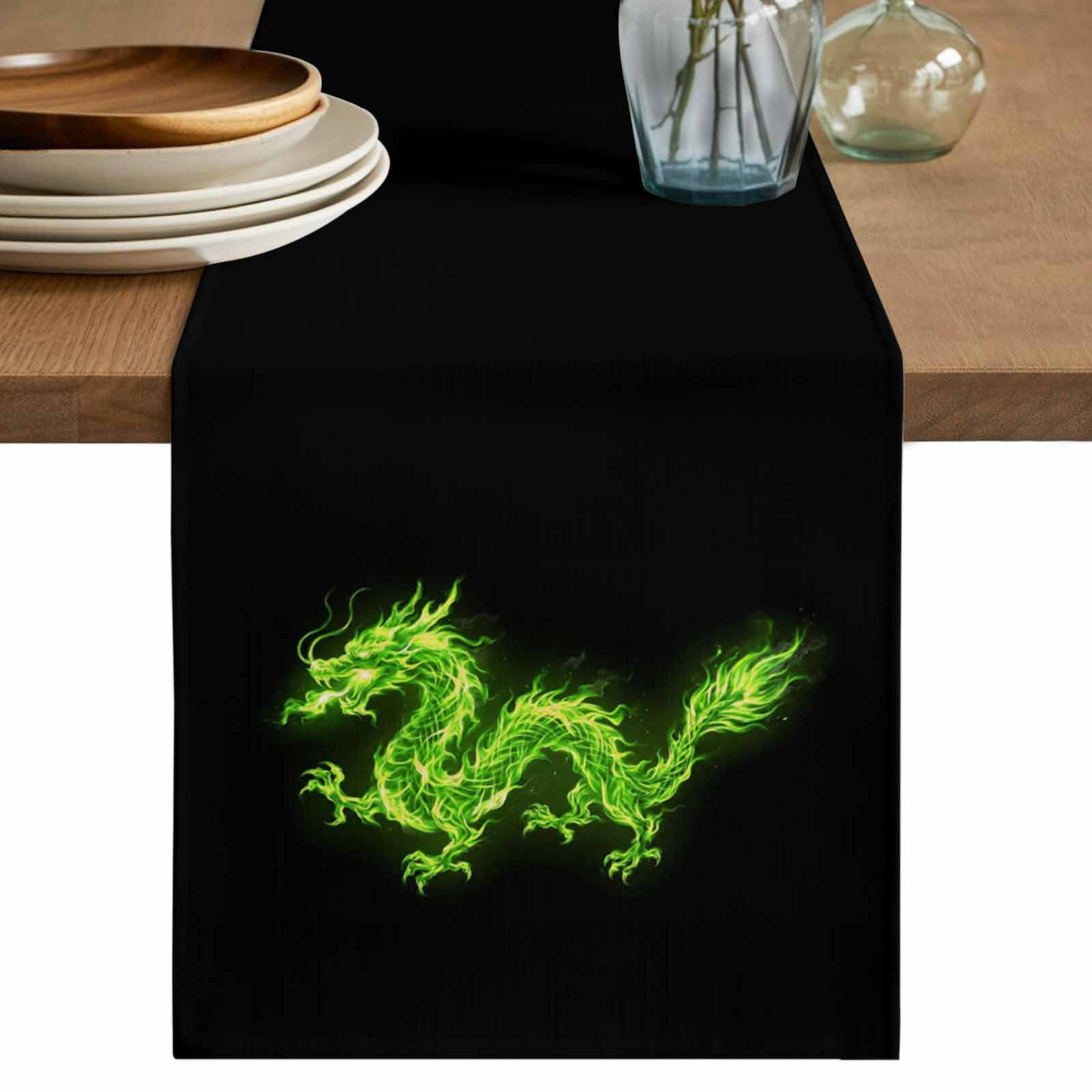 Dragon Flames Table Runner, Green Dragons Abstract Modern Art Washable ...