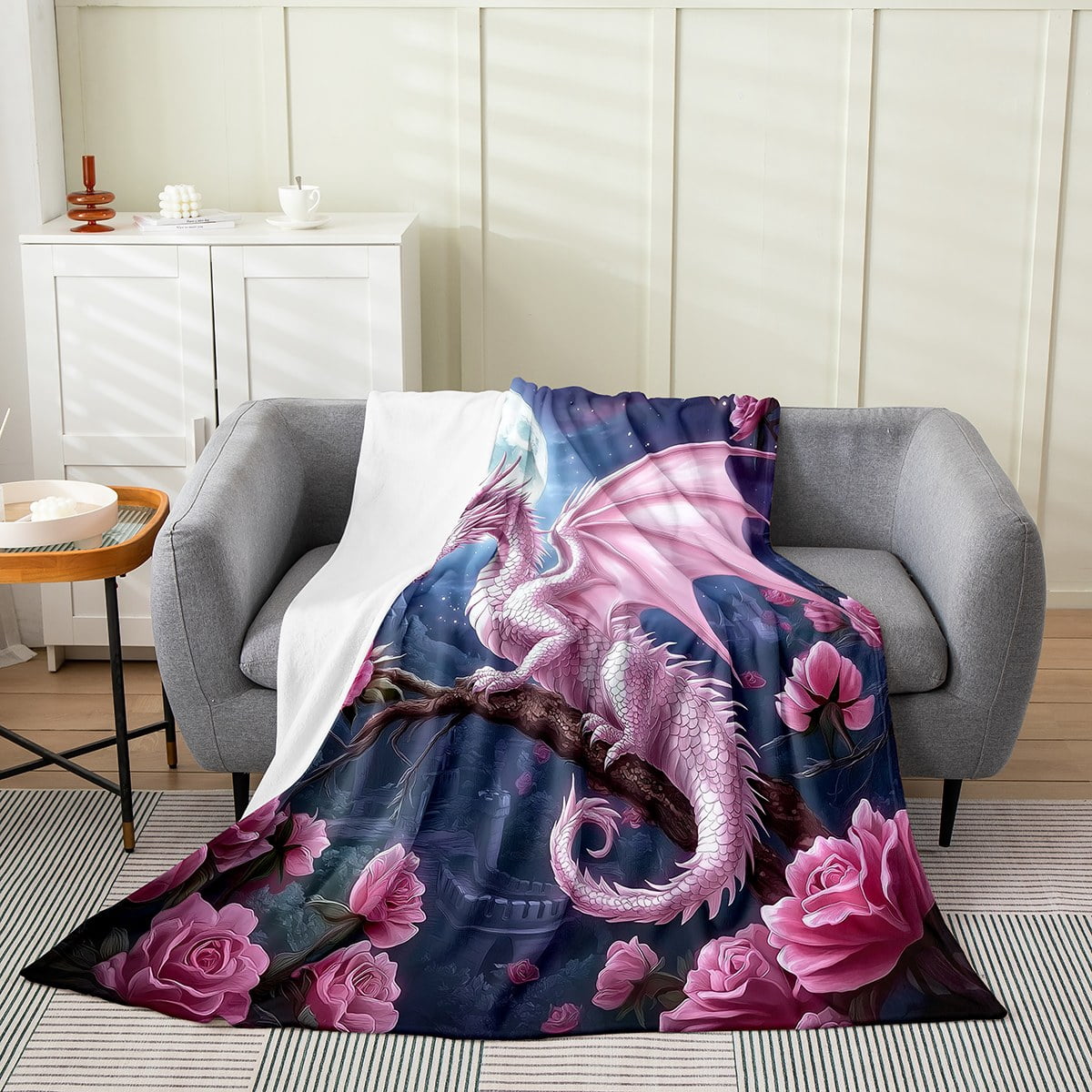Dragon Flannel Blanket,Romantice Pink Flowers Plush Blanket for Bed ...