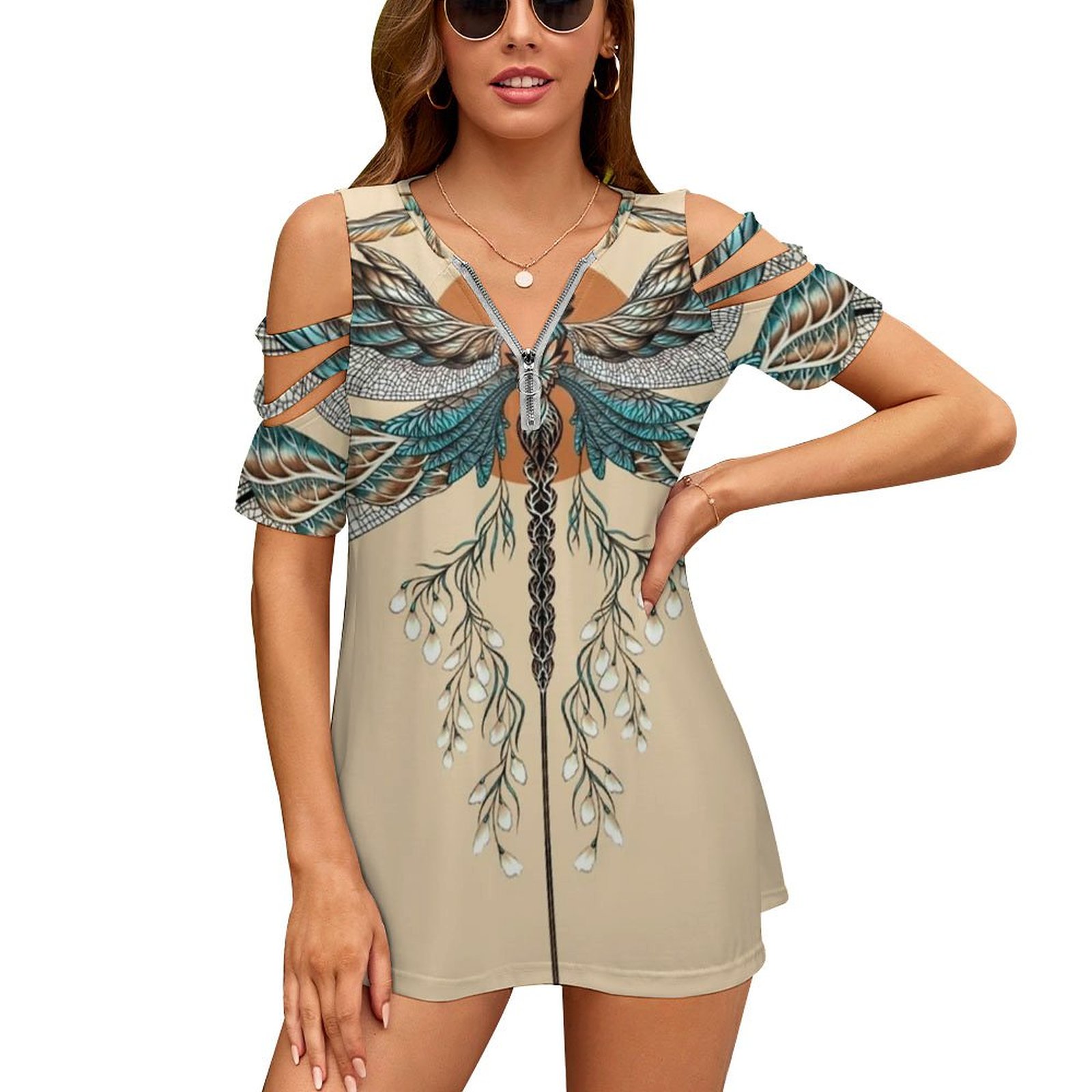 Dragon Fly Tattoo Women Short Sleeve Tops O-Neck Hollow Out Shoulder ...