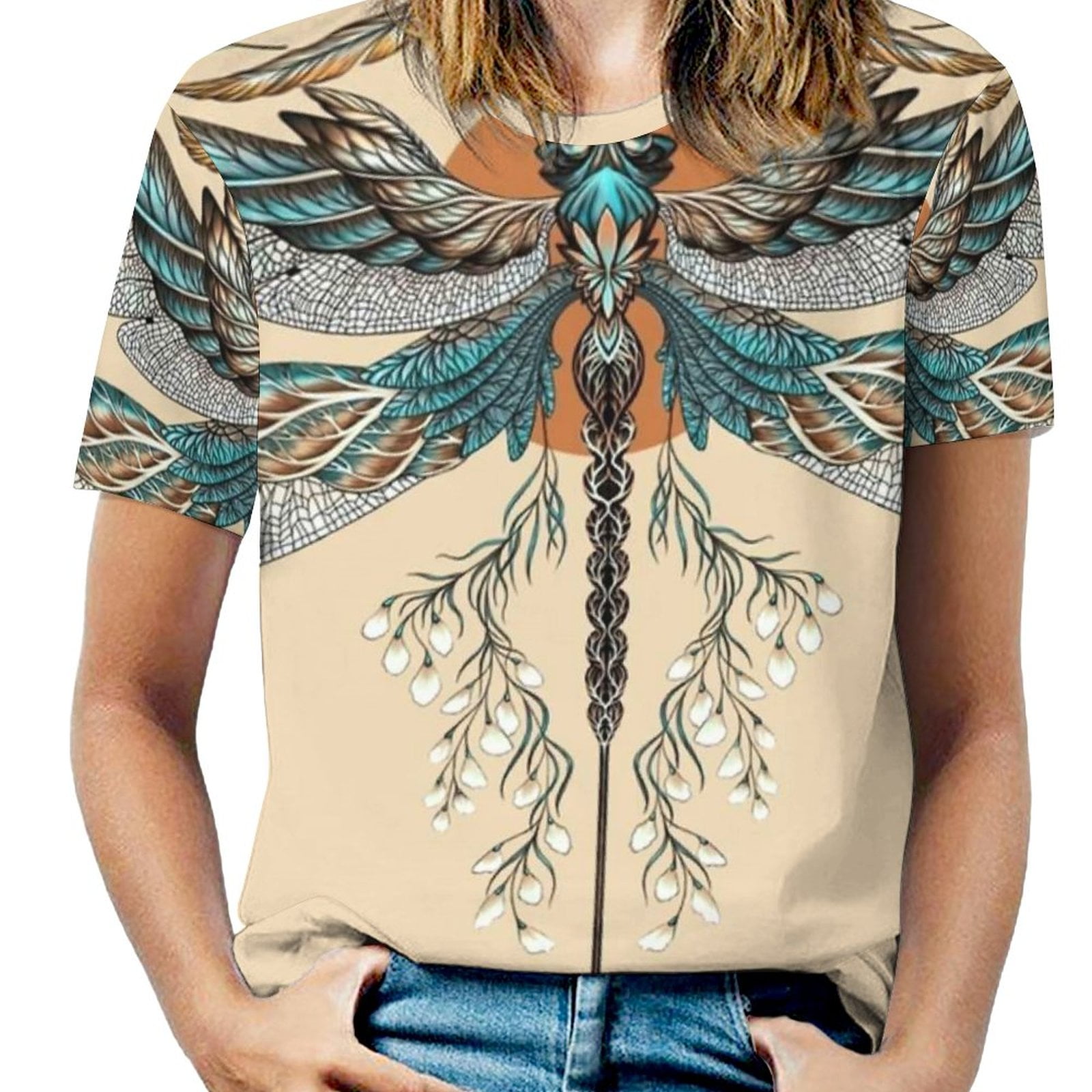 Dragon Fly Tattoo Women Short Sleeve Tops O-Neck Hollow Out Shoulder ...