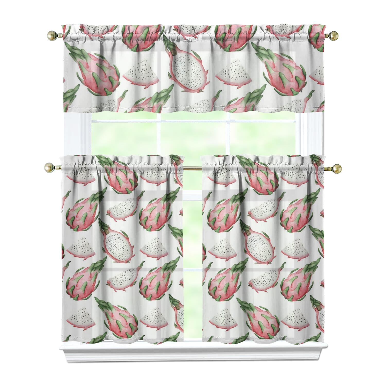 Dragon Fruit Kitchen Curtains Set Tier and Valance, Pink Pitaya ...
