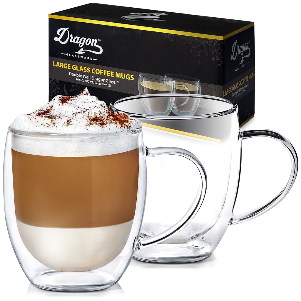 Dragon Glassware 16 oz Double Wall Insulated Glass Coffee Mugs Clear ...