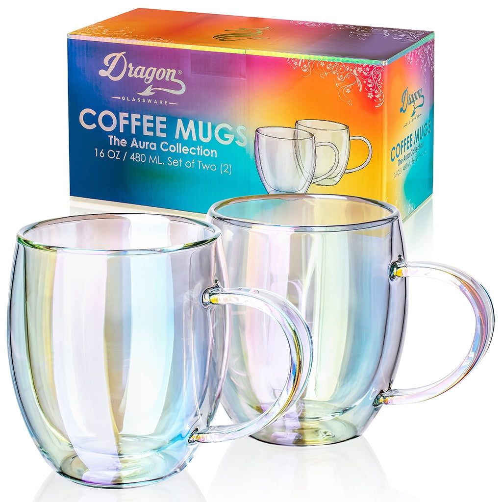 Dragon Glassware 16 oz Double Walled Coffee Mug Set, Iridescent Color ...