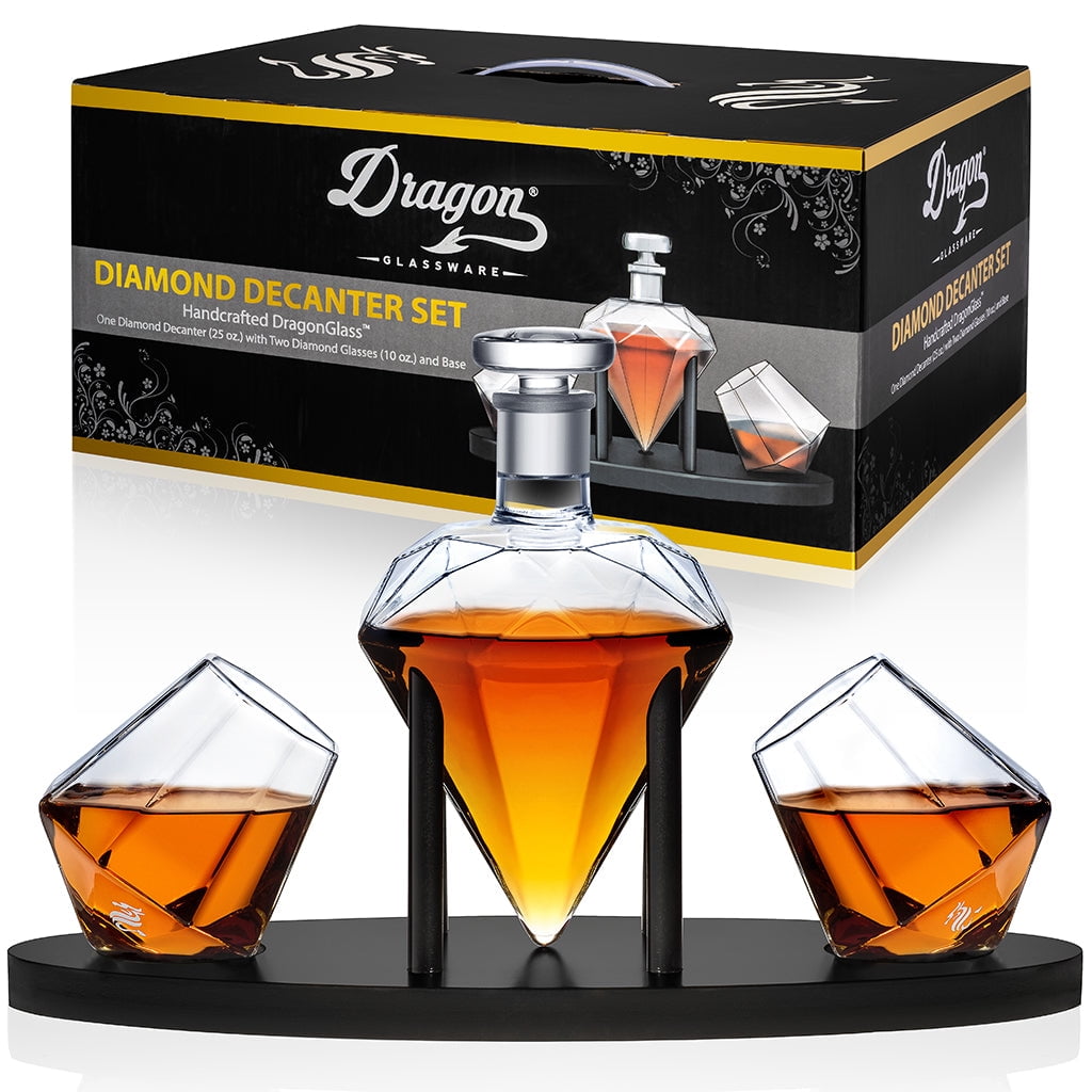 Dragon Glassware Diamond Decanter Set, 25 oz, with 2 Unique 10 oz ...
