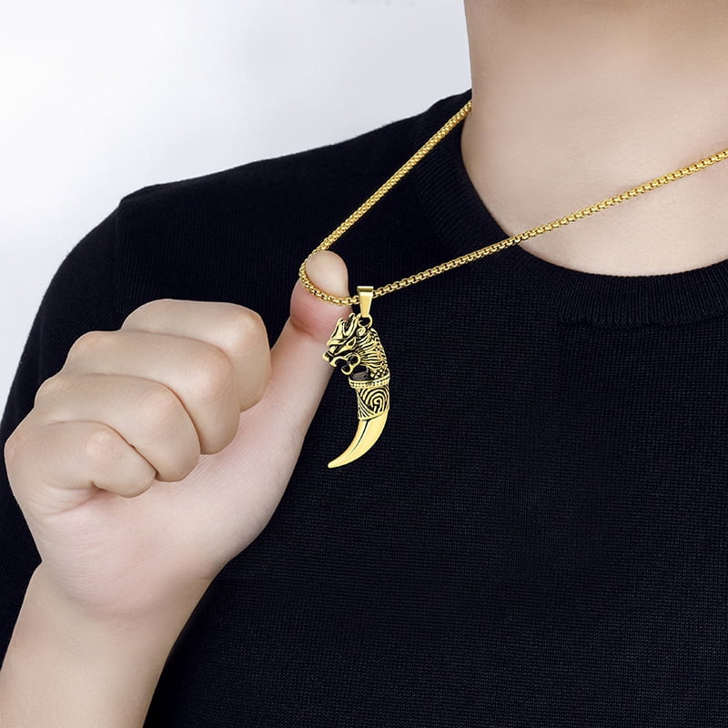 Dragon Head 14K Yellow Gold Pendant Necklace Wolf Tooth Amulets And ...