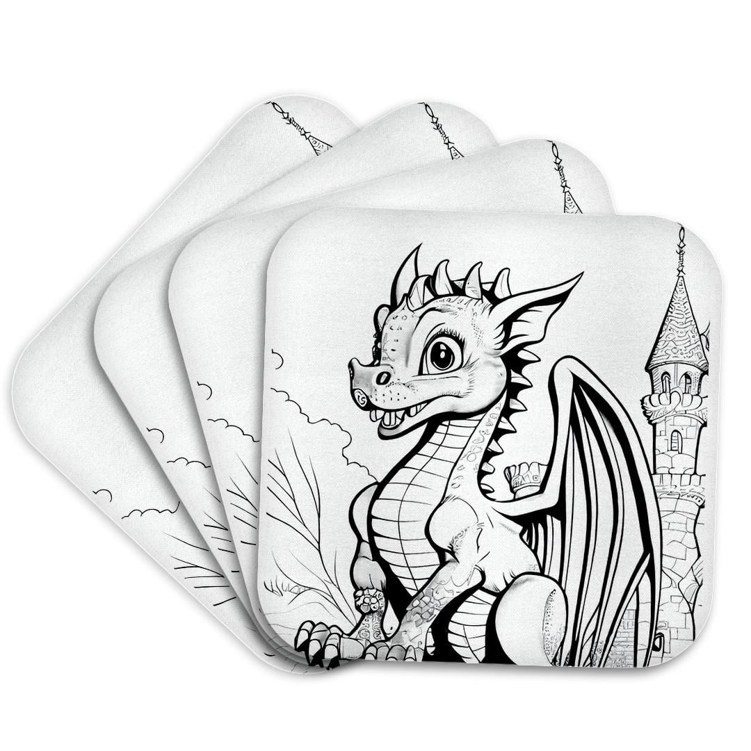 3drose, Dragon in Black and White Coloring Book Style, Set of 4 ...
