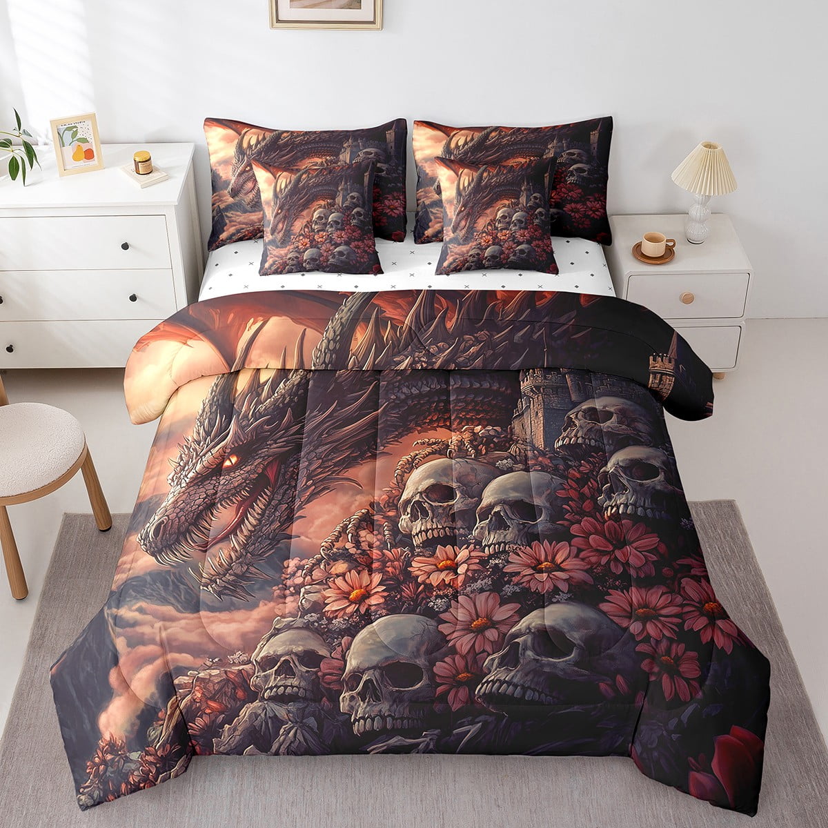 Dragon Bedding Set Teens Men Extoic Flower Skull Comforter 7 Pieces ...