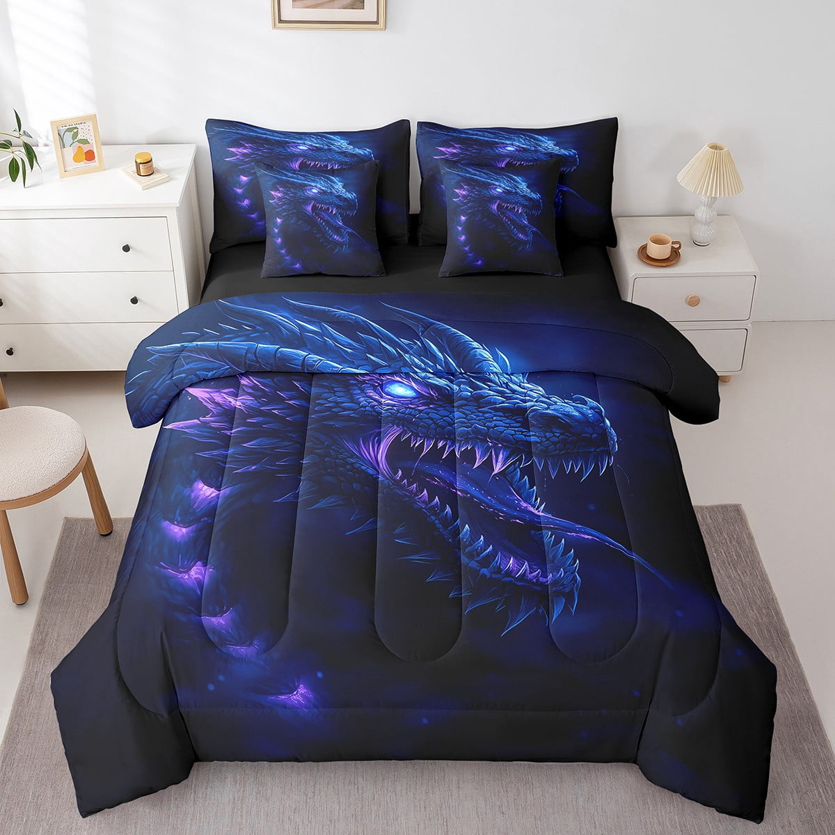 Dragon Comforter Set 7 Pieces Man Teens Purple Dragon Queen Bedding Set ...