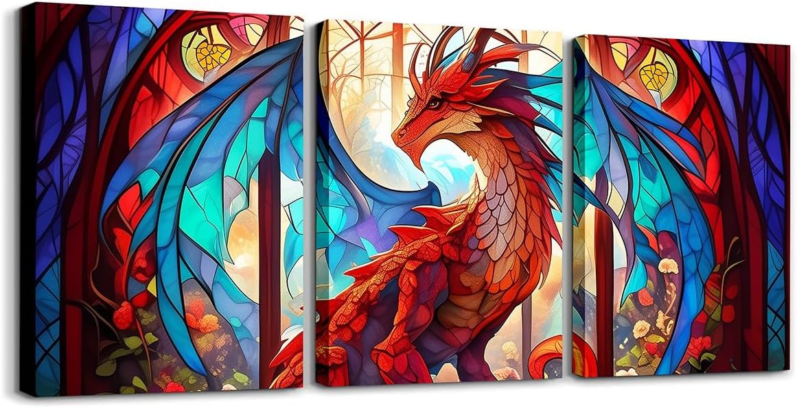 Dragon Kids Wall Art for Home Decor 3 Piece Purple Blue Nebula Dragon ...