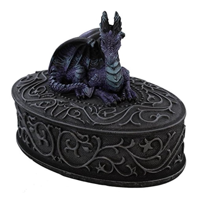 Dragon Laying on Oval Shaped Jewelry Trinket Box Mythical Fantasy ...