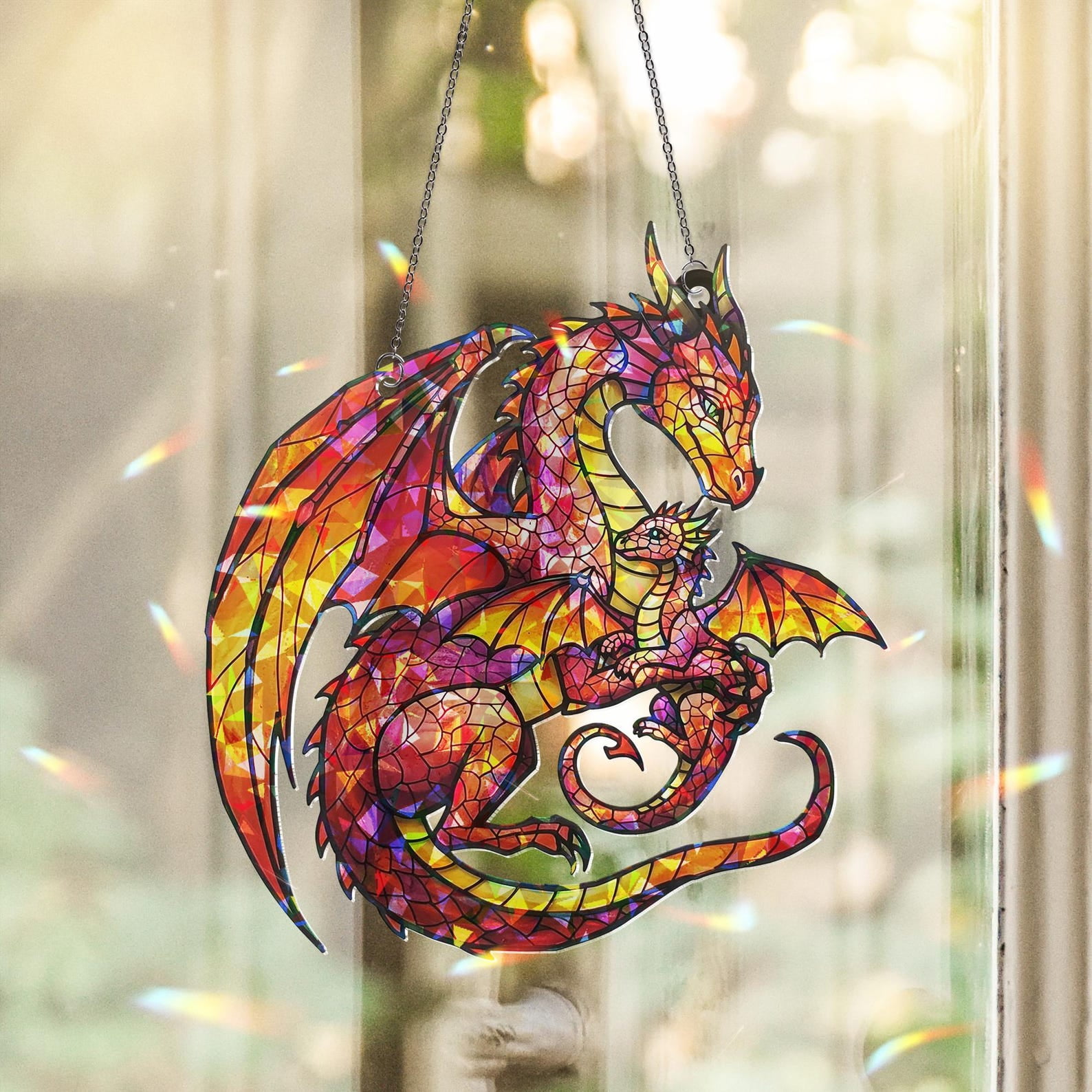 Dragon Mom and Baby Acrylic Hologram Suncatcher, Fantasy Stained Glass ...