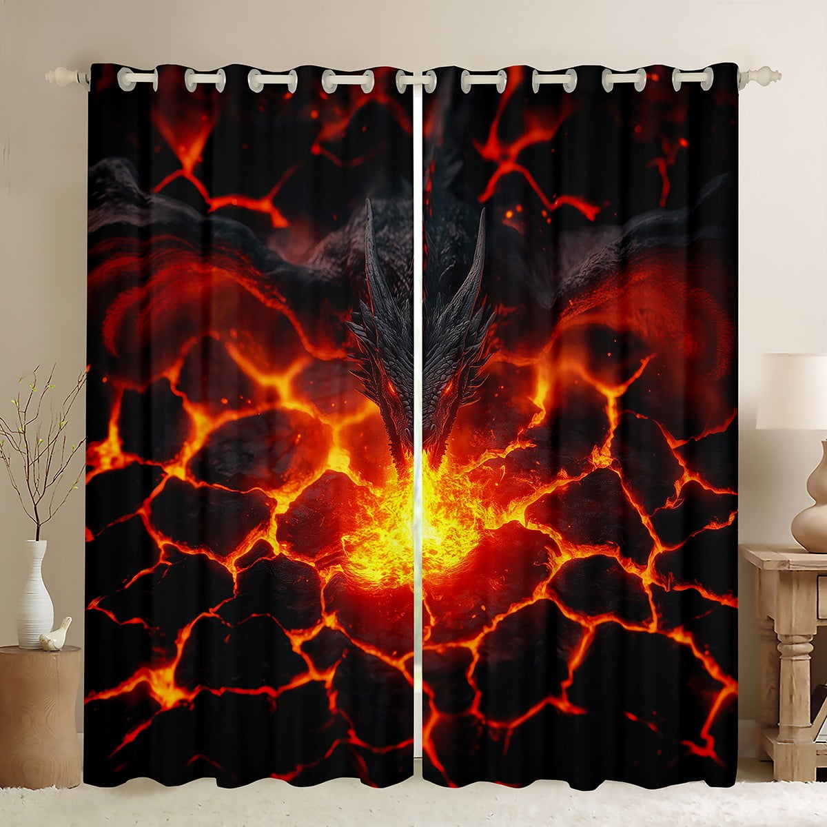 Dragon Mystic Window Curtain Set of 2 Panels,Natural Disaster Volcano ...