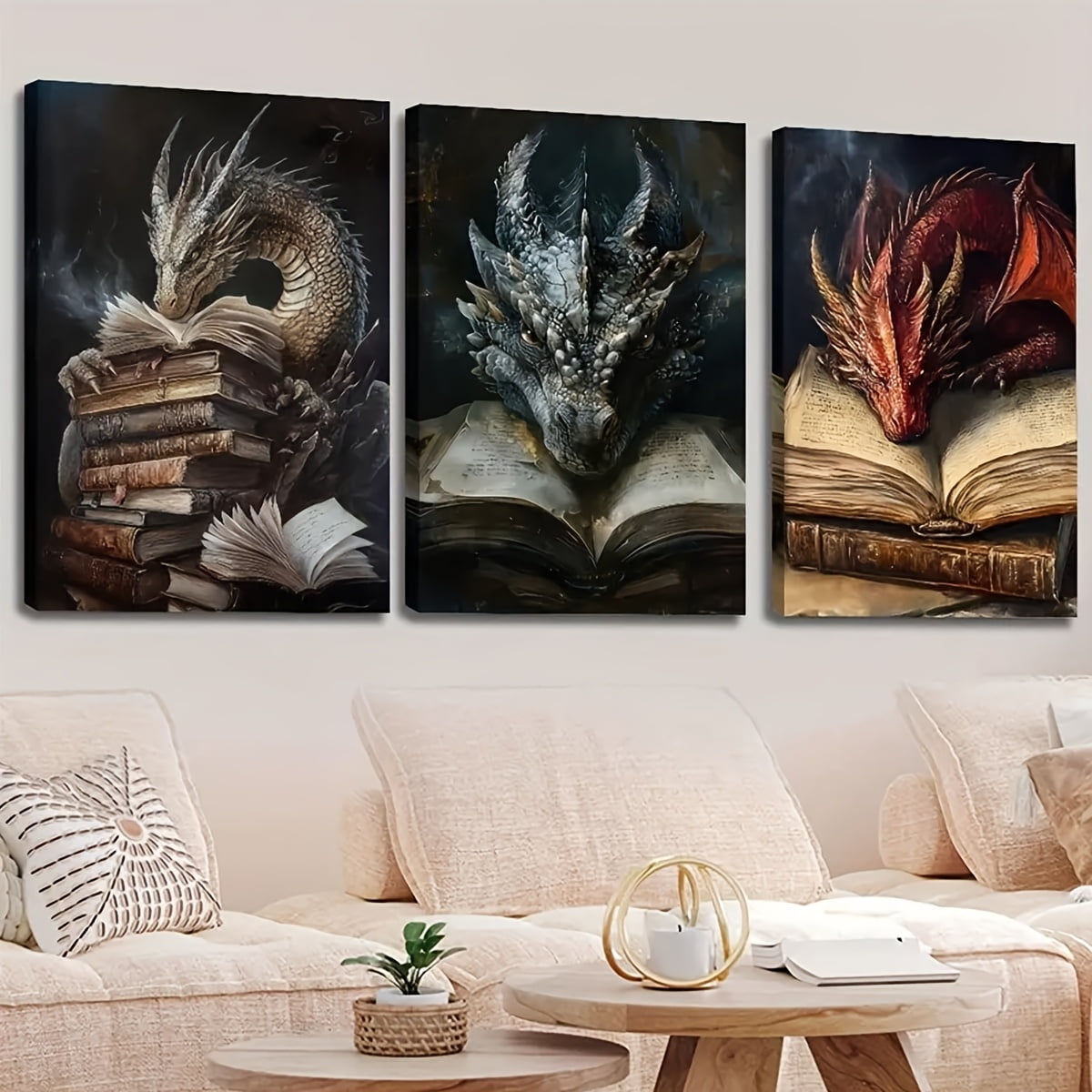Dragon & Mythical Book Canvas Art Set - 3pcs, Vibrant Fantasy Wall ...