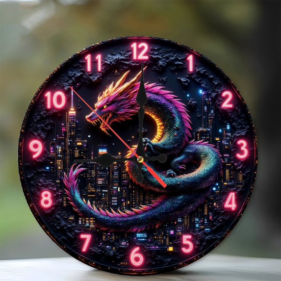 Dragon Neon Wall Clock 10-Inch Silent Wooden Wall Clock, Battery ...