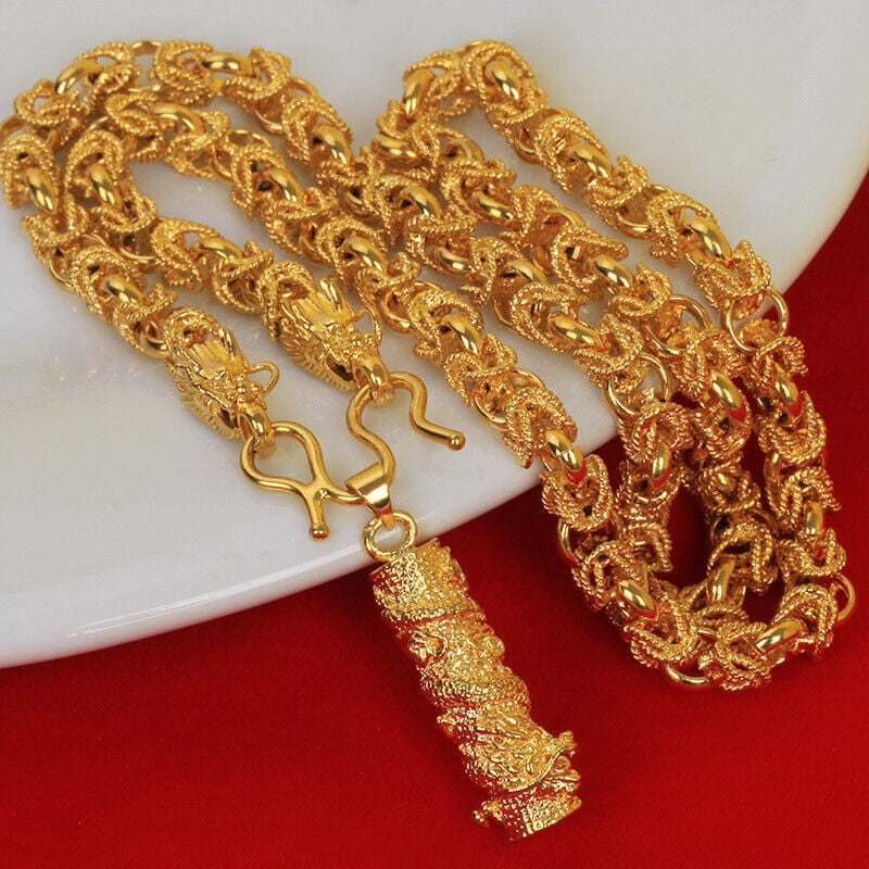 Dragon Pillar Thick Chain 22K 23K 24K THAI BAHT YELLOW GOLD GP Necklace ...