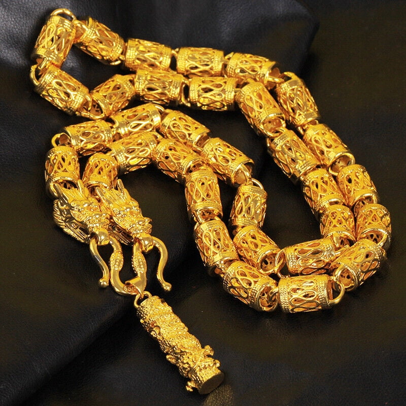Dragon Pillar Thick Chain 22K 23K 24K THAI BAHT YELLOW GOLD GP Necklace ...