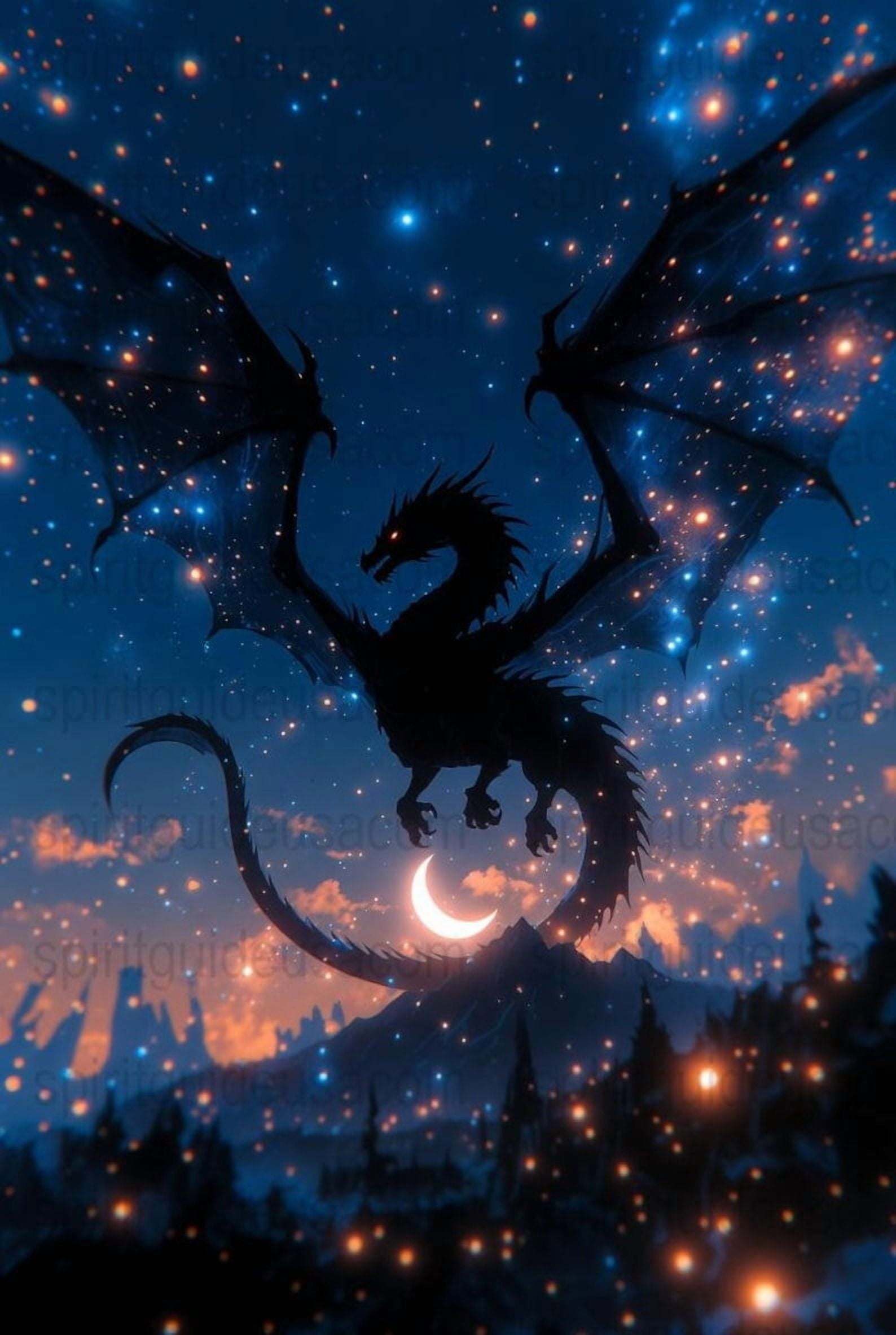 Dragon Poster, Night Sky Art Print, Fantasy Wall Decor, Mythical ...