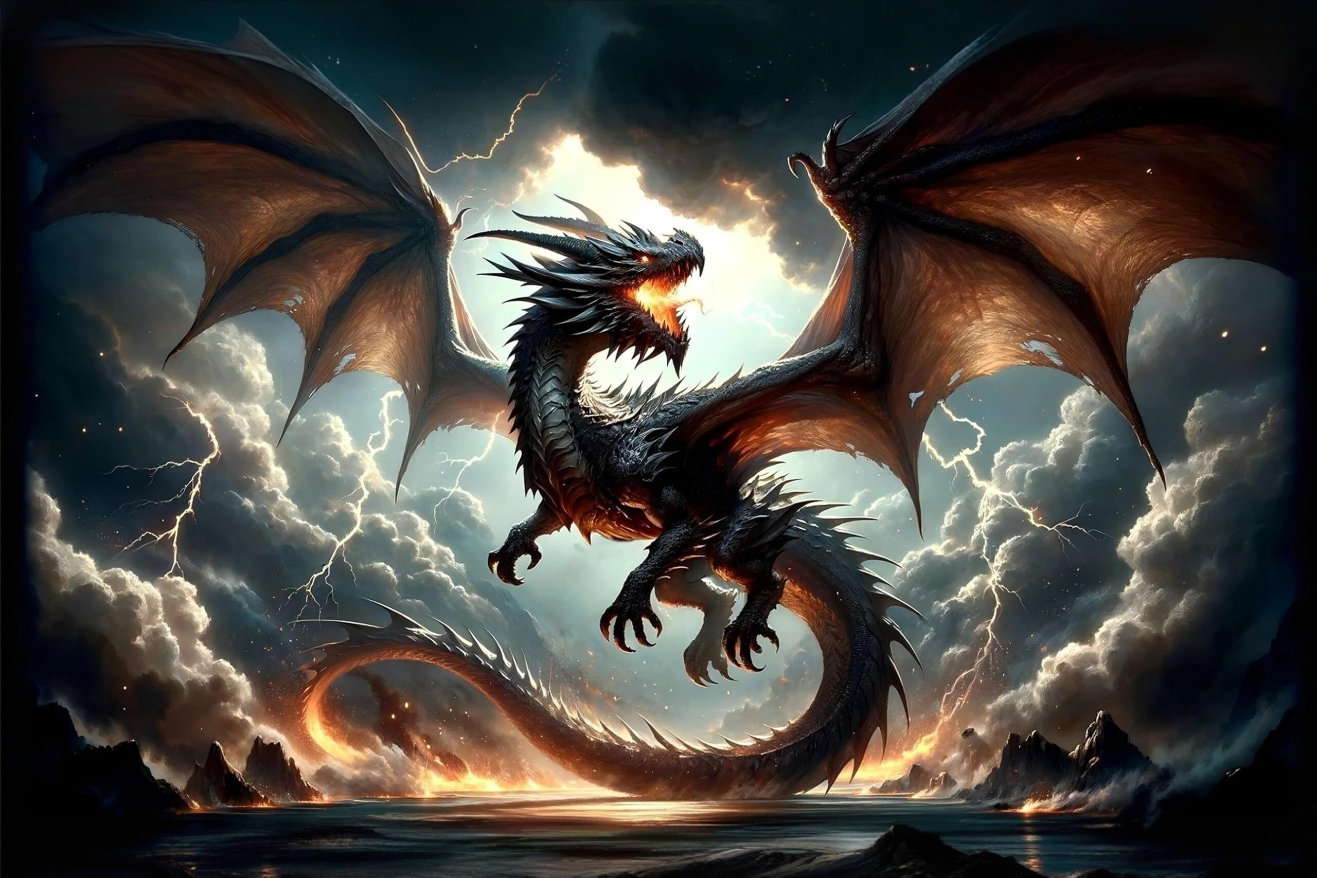 Dragon Poster with Lightning and Wings, High-Resolution Canvas Print ...